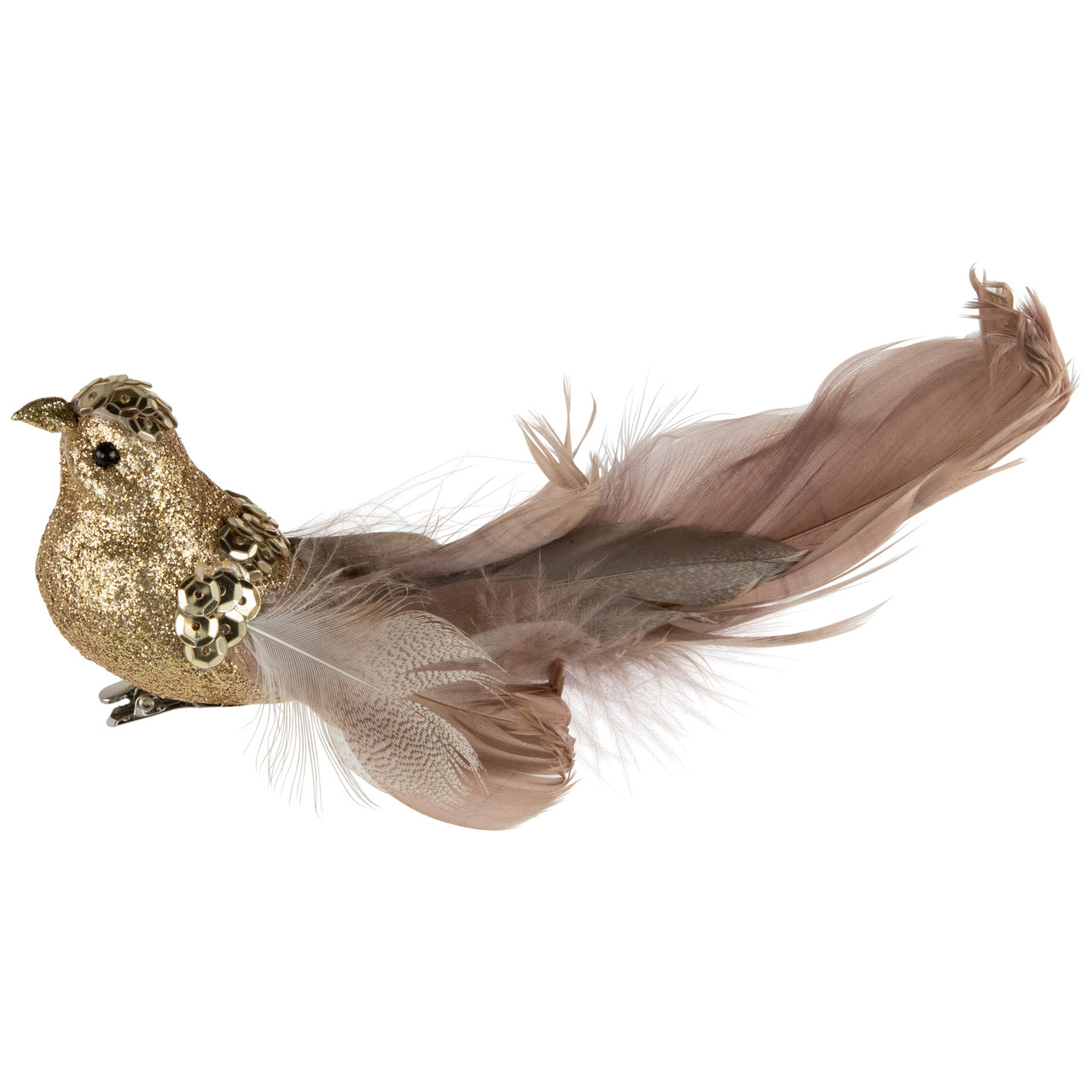6" Gold Sequins & Glitter Bird with Clip & Feathers Christmas Ornament ...