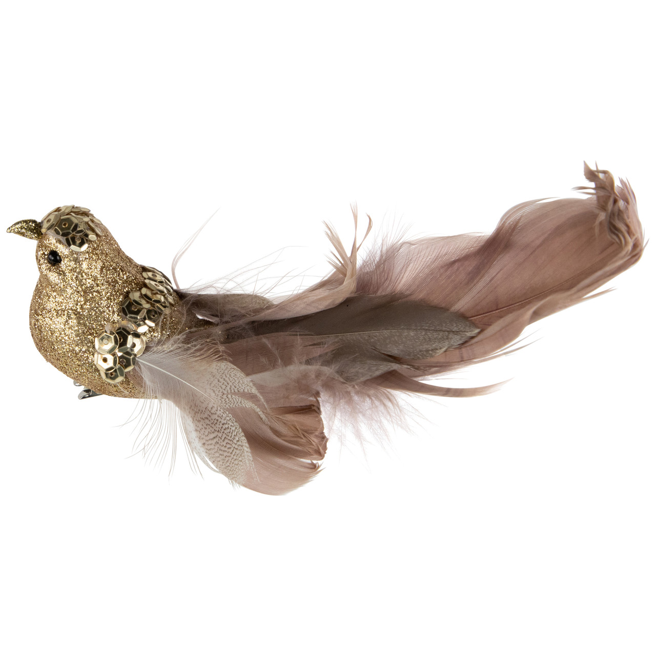6" Gold Sequins & Glitter Bird with Clip & Feathers Christmas Ornament ...