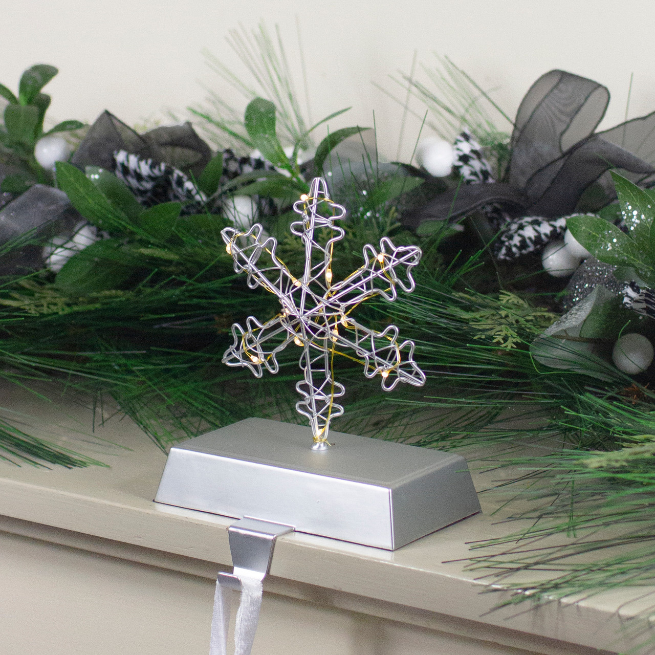 75 Led Lighted Silver Wired Snowflake Christmas Stocking Holder