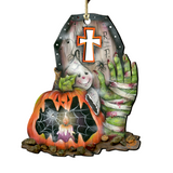 Set of 2 Pumpkin Zombie Graveyard Wooden Halloween Ornaments 5.5 ...