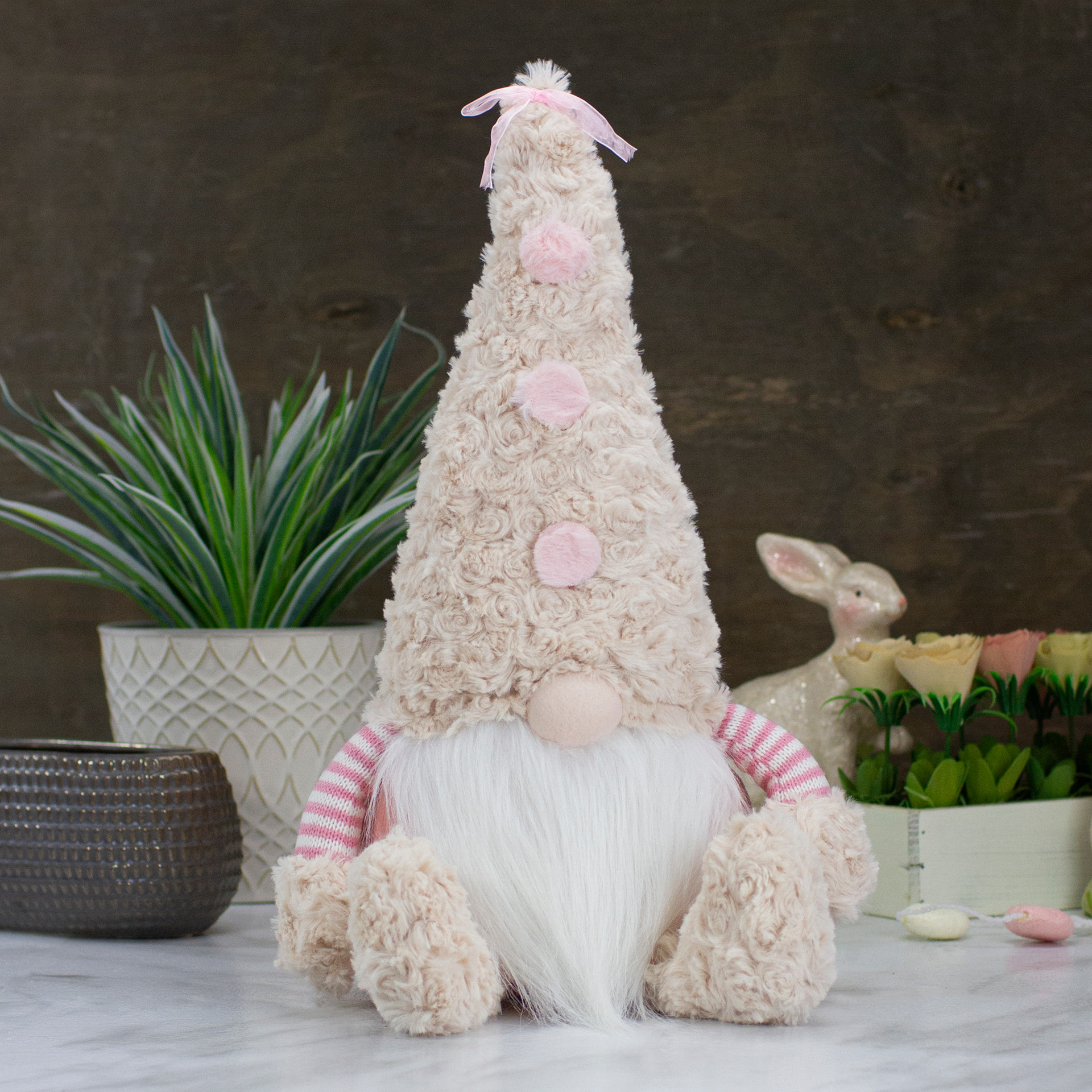 18" Pink Striped Sitting Spring Plush Gnome Table Top Figure with Legs ...