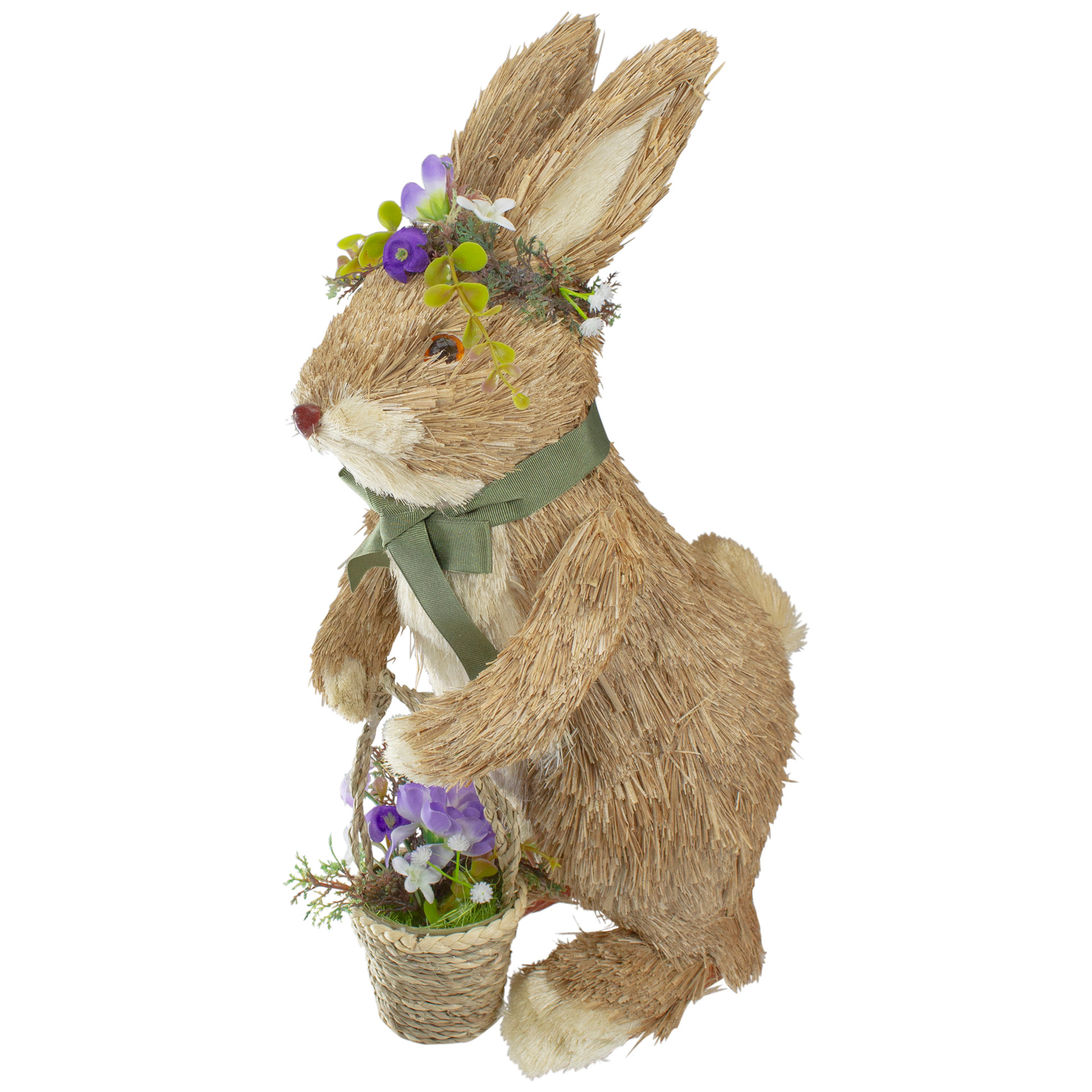 15" Brown Sisal Bunny Rabbit with Basket Easter Figure | Christmas Central