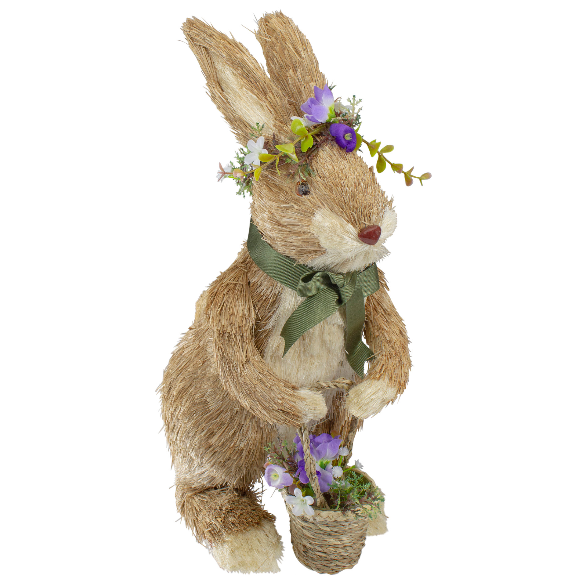 15" Brown Sisal Bunny Rabbit with Basket Easter Figure | Christmas Central