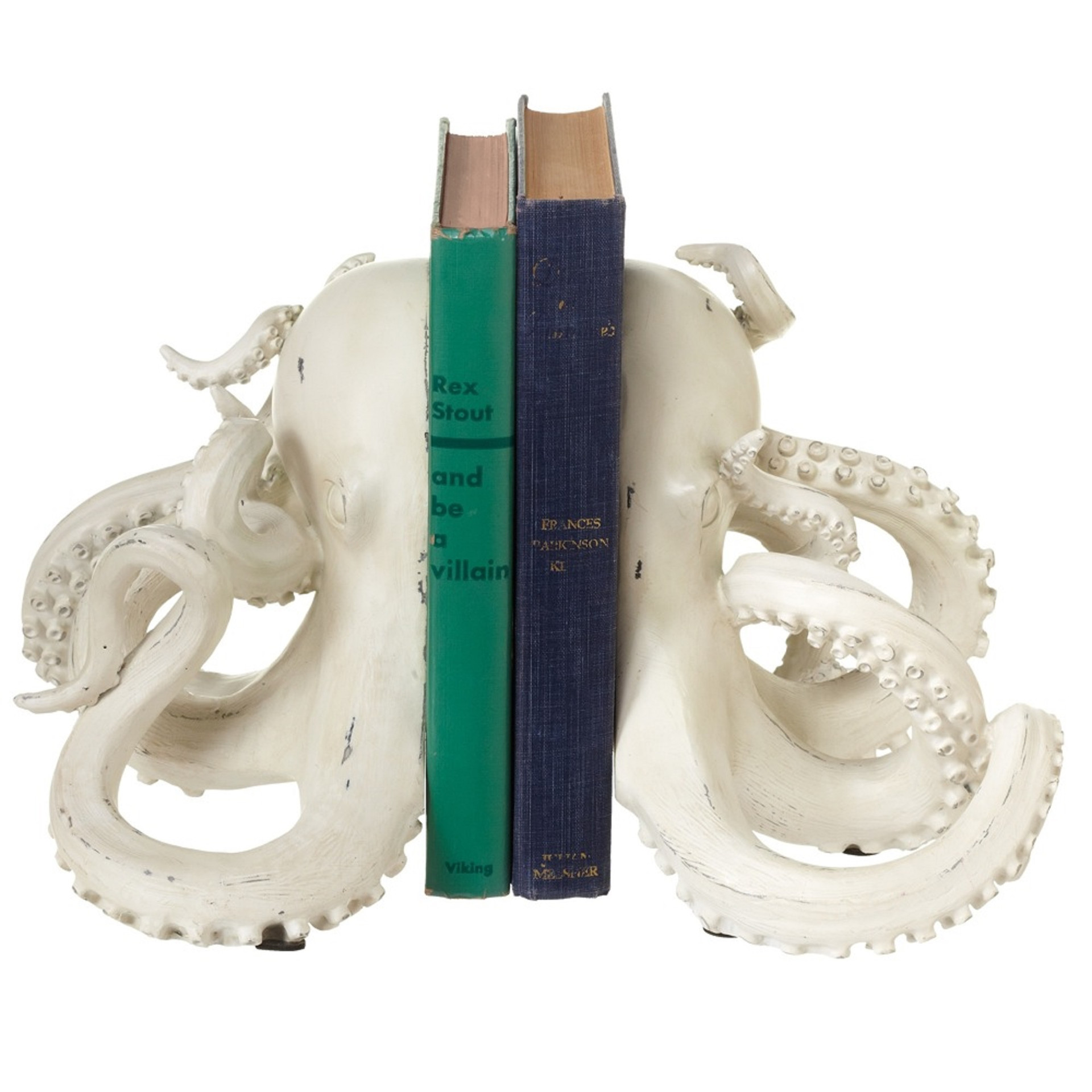 19.87" White Distressed Finish Decorative Octopus Shaped Bookend Pair ...
