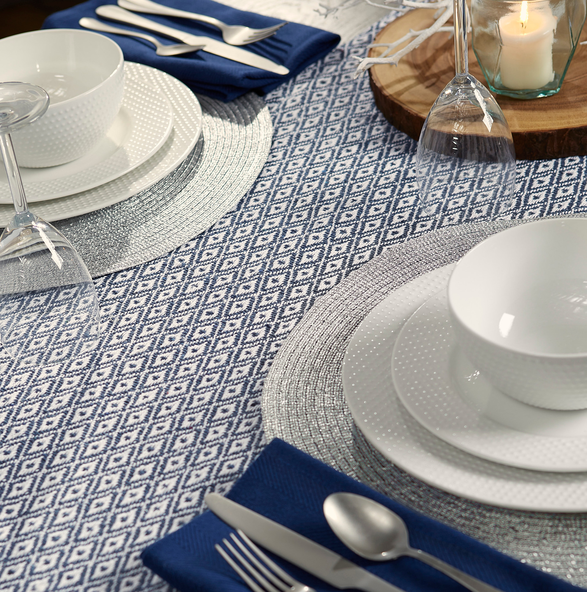 72" Blue & White Rectangular Diamond Weaved Table Runner | Christmas ...