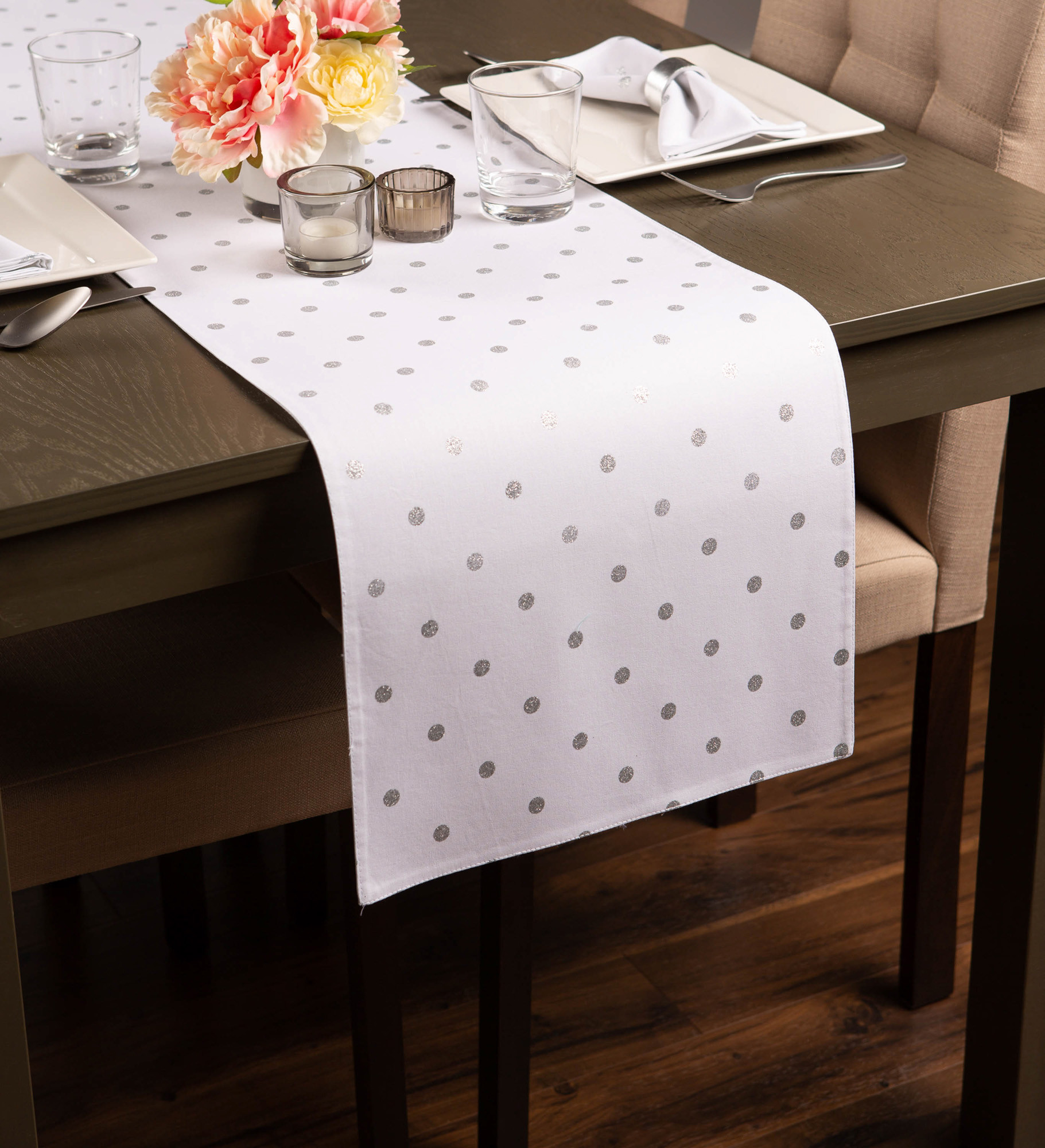 72" White & Silver Rectangular Polka Dot Table Runner | Christmas Central