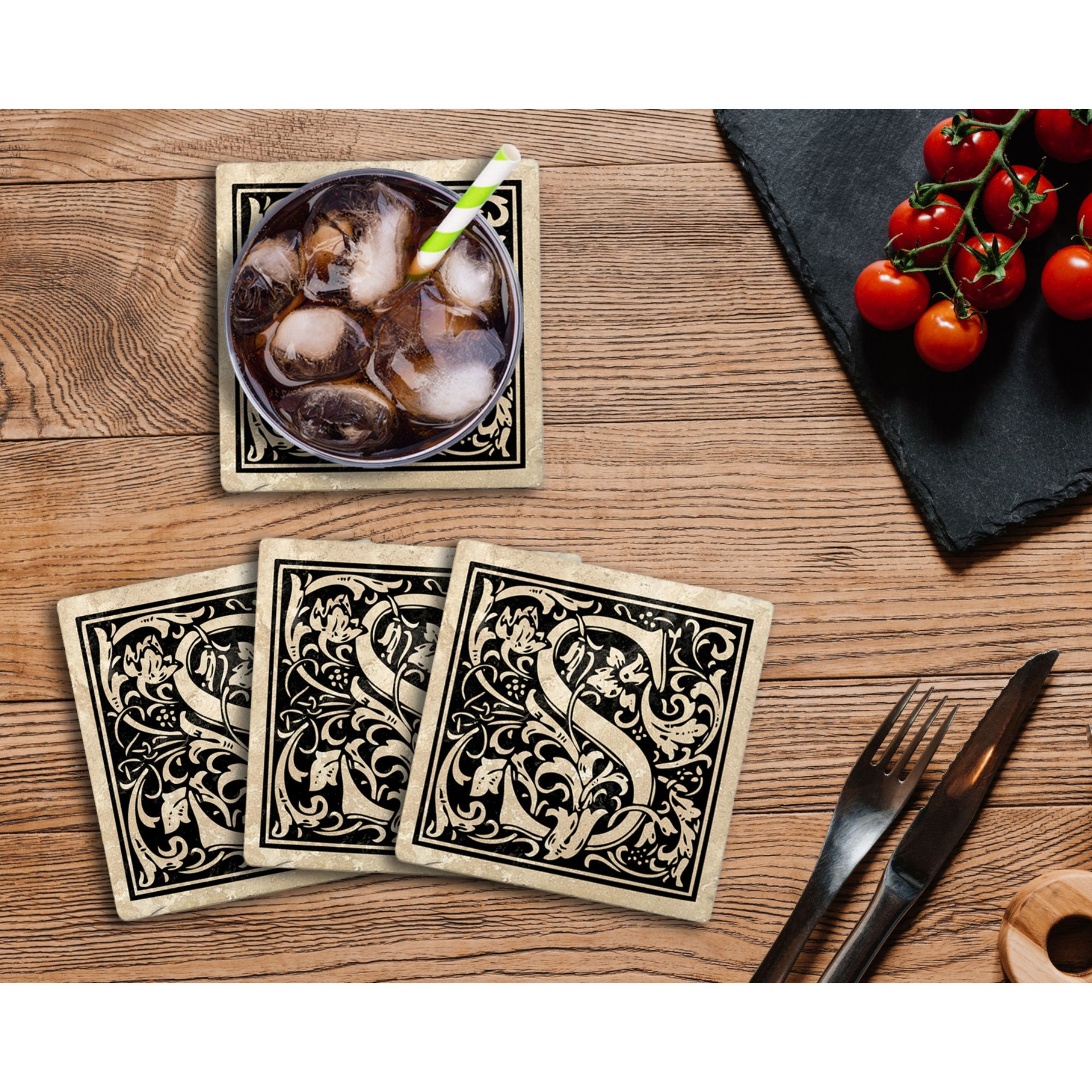 Set of 4 Ivory & Onyx Black "A" Square Monogram Coasters 4" | Christmas ...