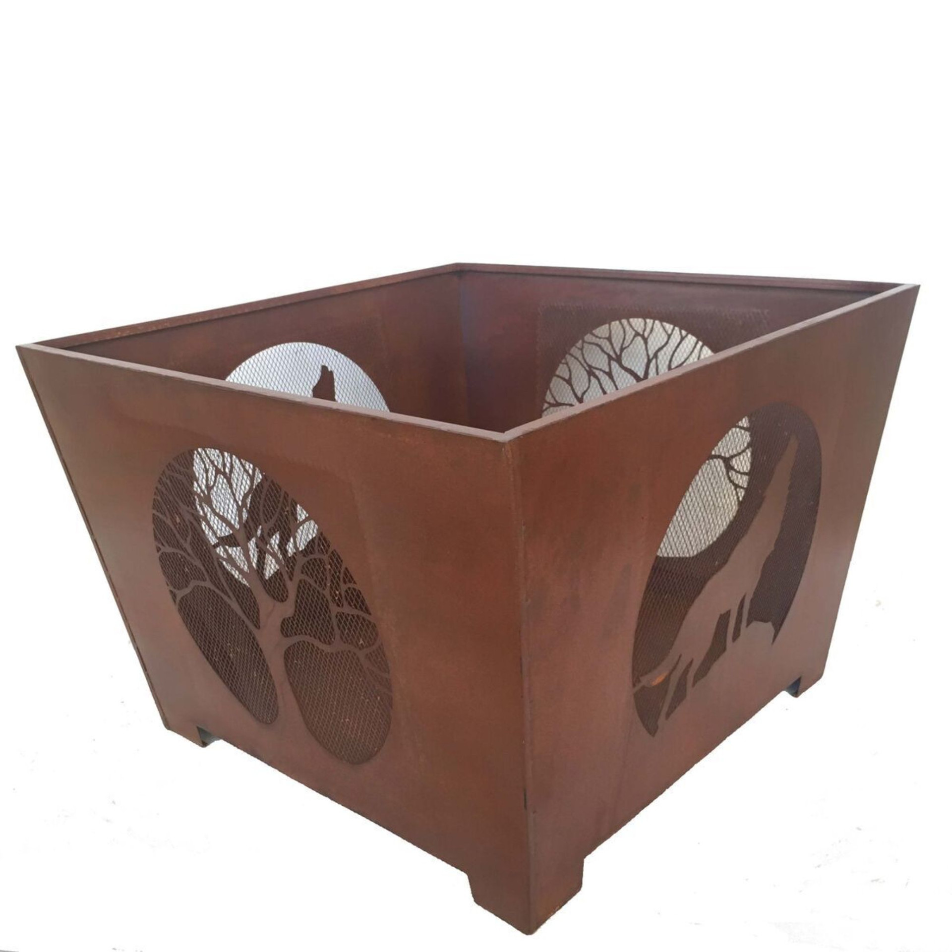 24" Brown Rustic Finish Wolf Square Outdoor Fire Basket | Christmas Central