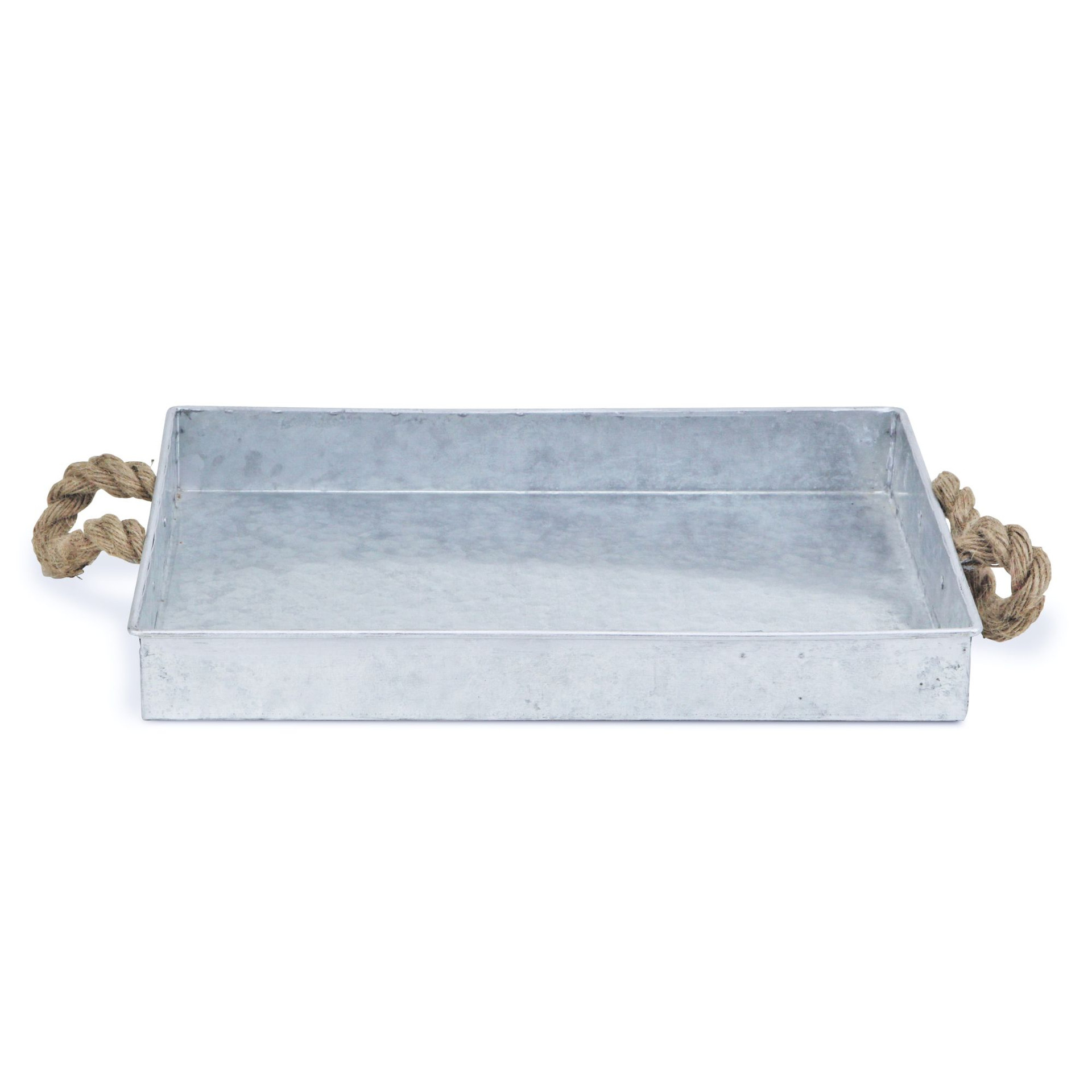 16" Gray & Brown Galvanized Rectangular Tray with Rope Handles ...