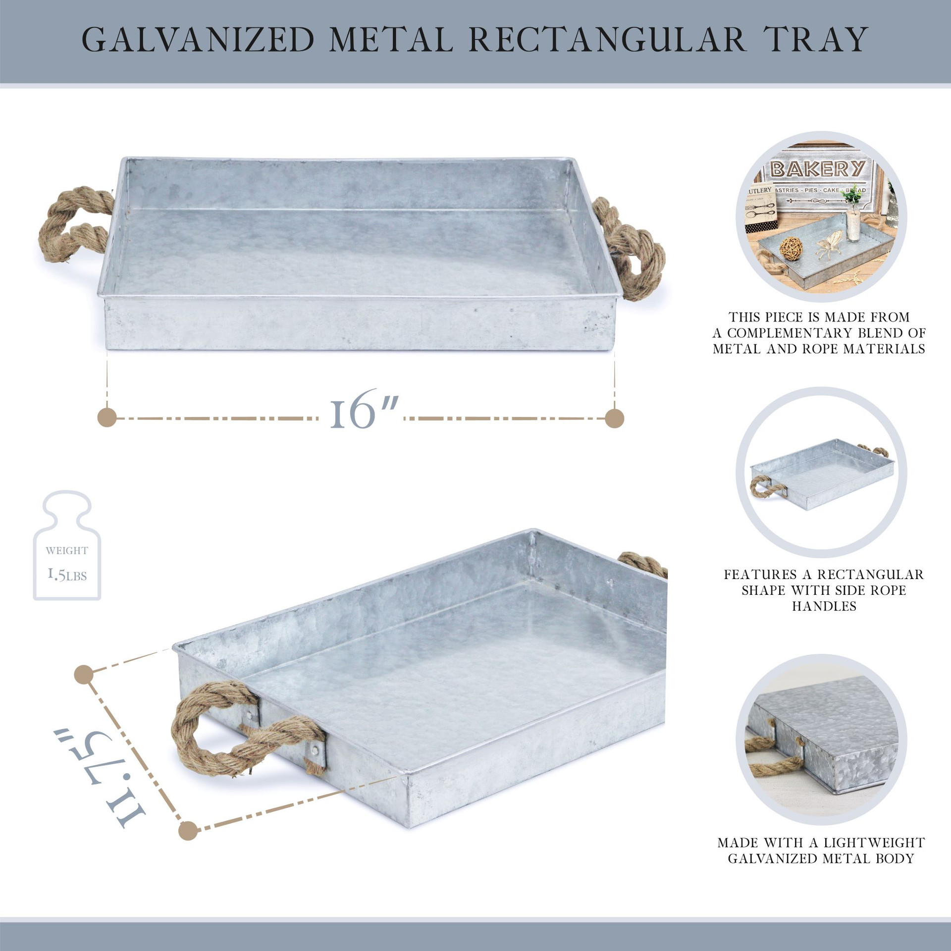 16" Gray & Brown Galvanized Rectangular Tray with Rope Handles ...