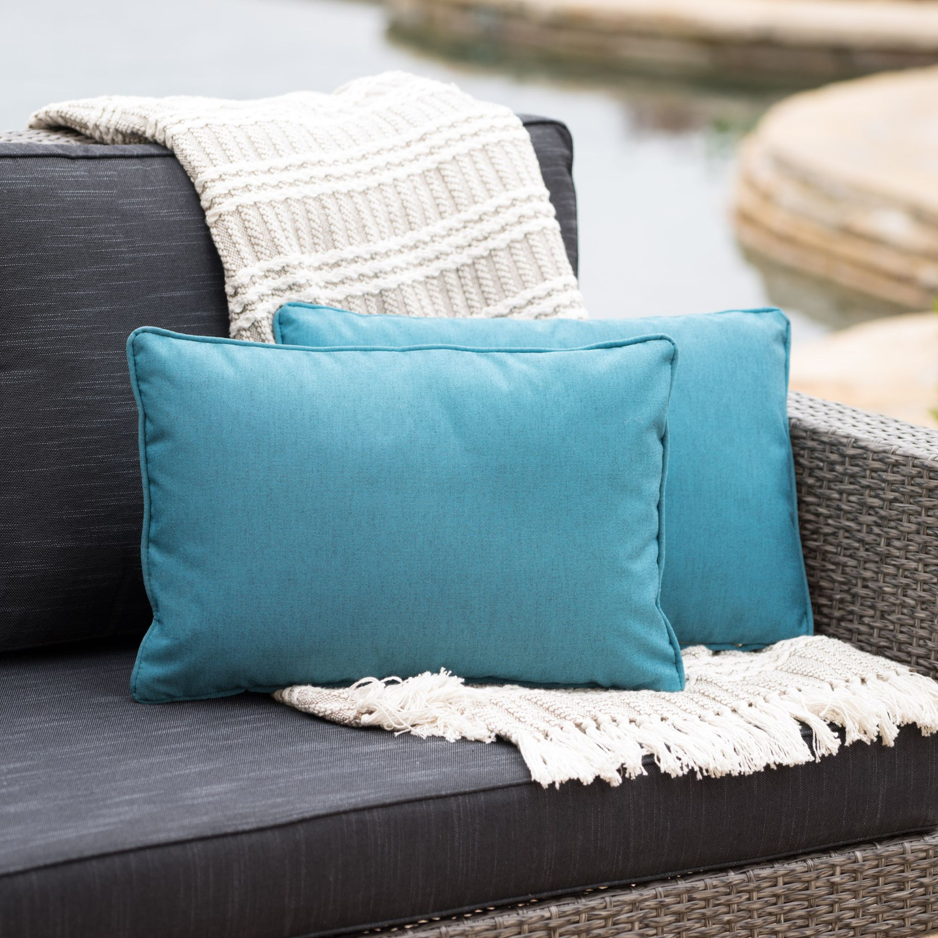 Set of 2 Teal Blue Solid Rectangular Outdoor Throw Pillows 18.5 ...