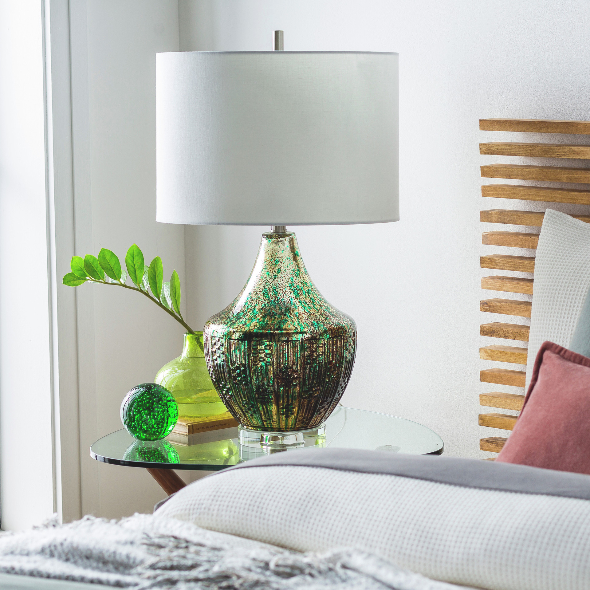 27" Emerald & Champagne Glass Table Lamp with White Drum Shade ...