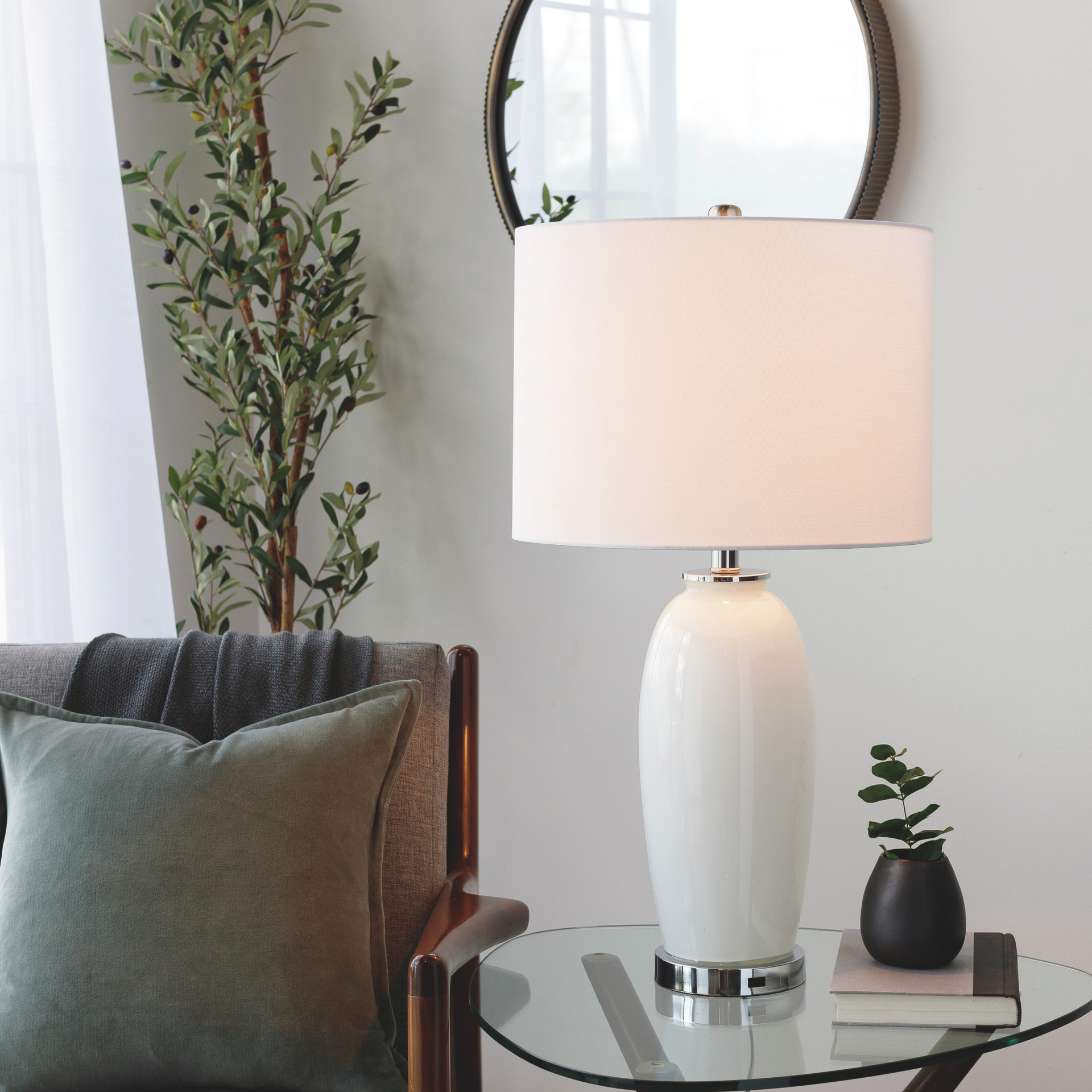 27" Smooth White Glass Table Lamp with Metal Base | Christmas Central