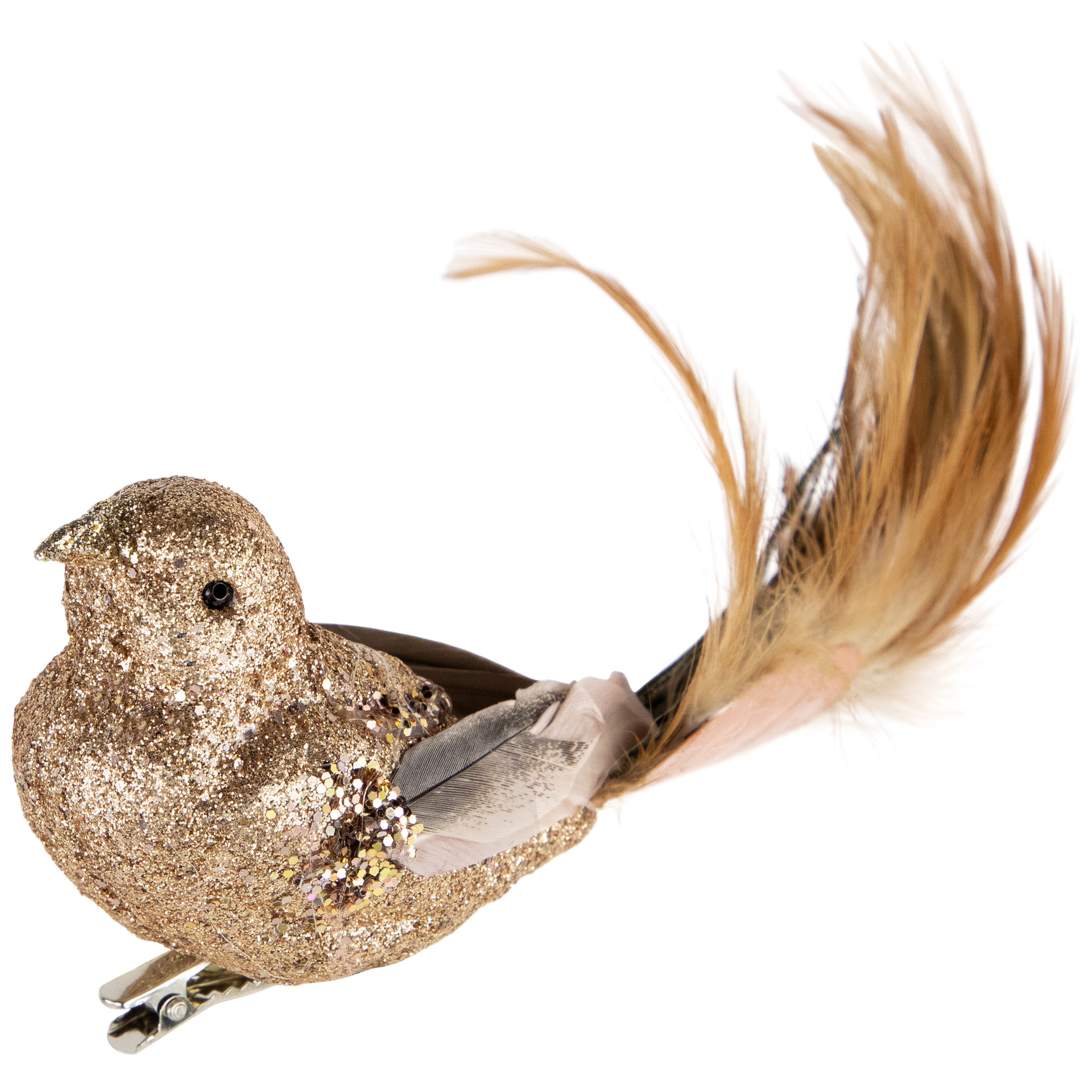 8" Gold Glitter Embellished Clip On Bird With Feathers Christmas ...