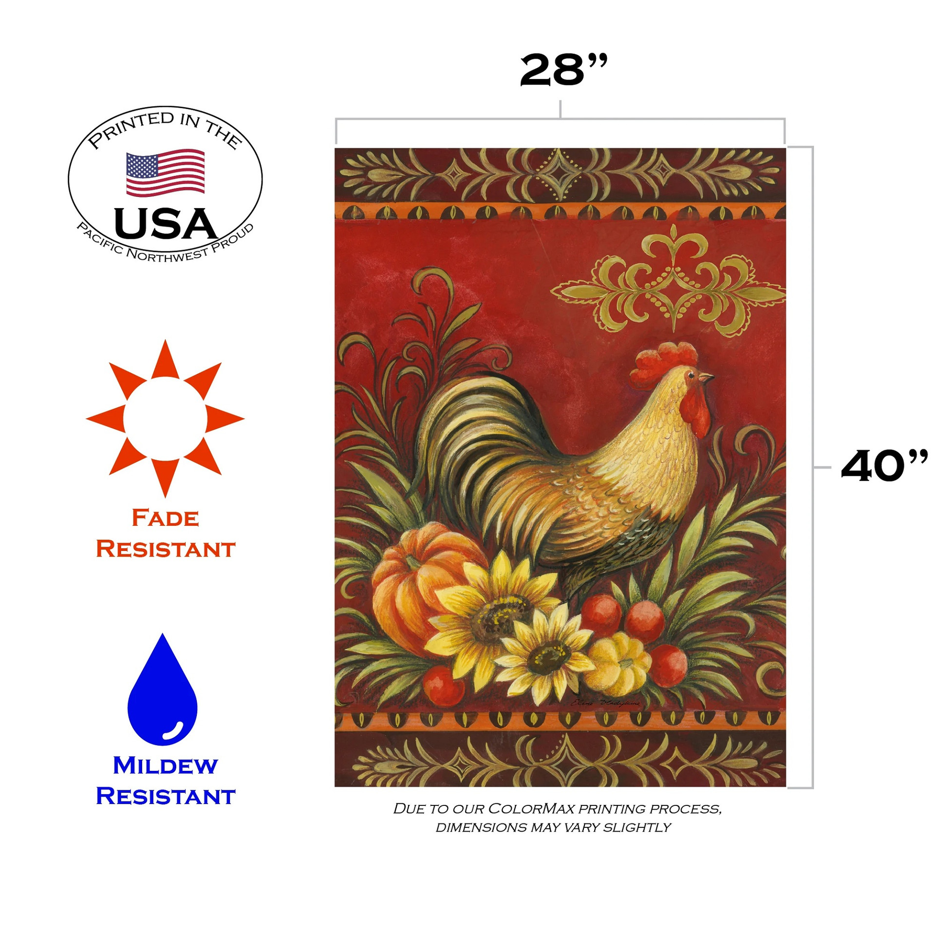 Fall Harvest Rooster Outdoor House Flag 40" x 28" | Christmas Central