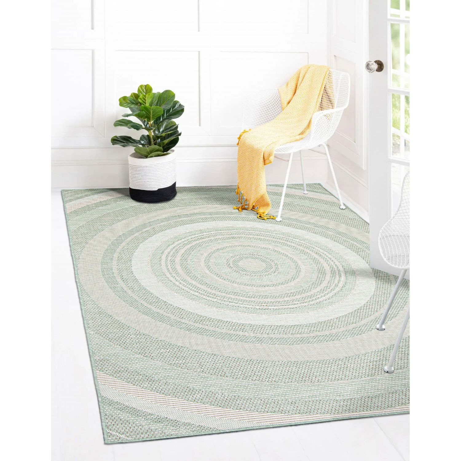 6.5' x 9.5' Mint Green & Off White Geometric Rectangular Area Throw Rug ...