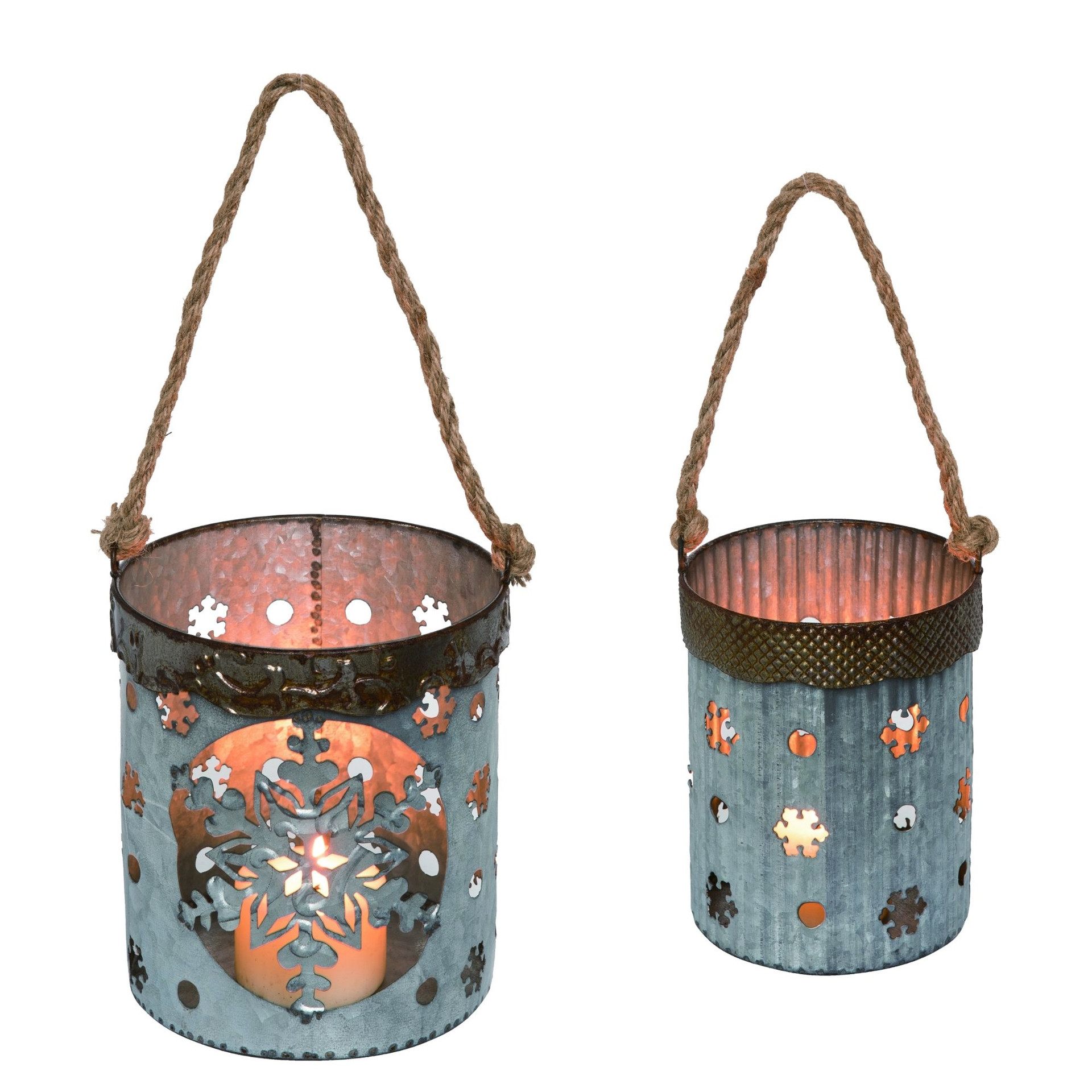 Set of 2 Rustic Galvanized Snowflake Cut out Christmas Lanterns 9 ...
