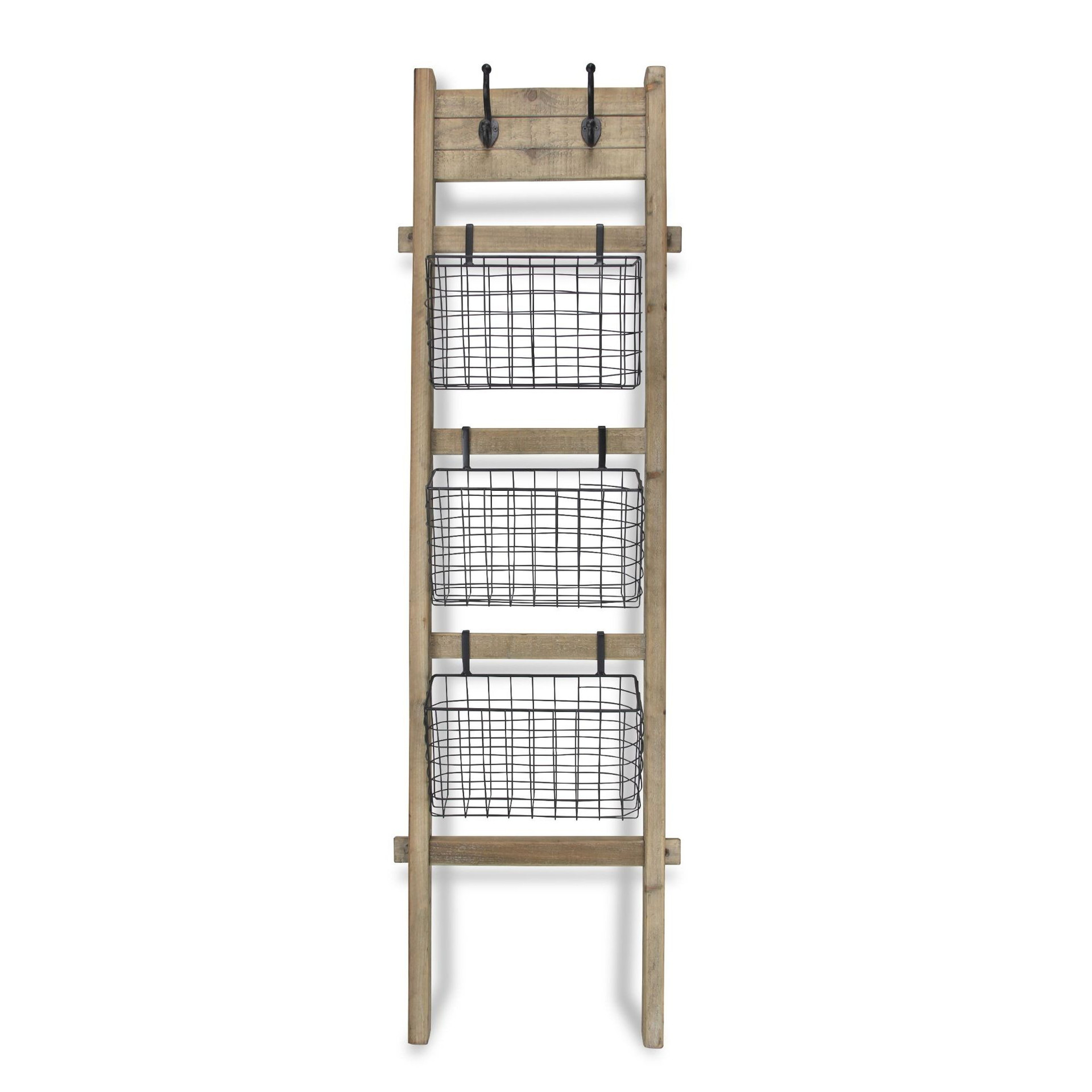 59.25" Brown & Black Ladder with 3 Hanging Baskets & Dual Top Hooks ...