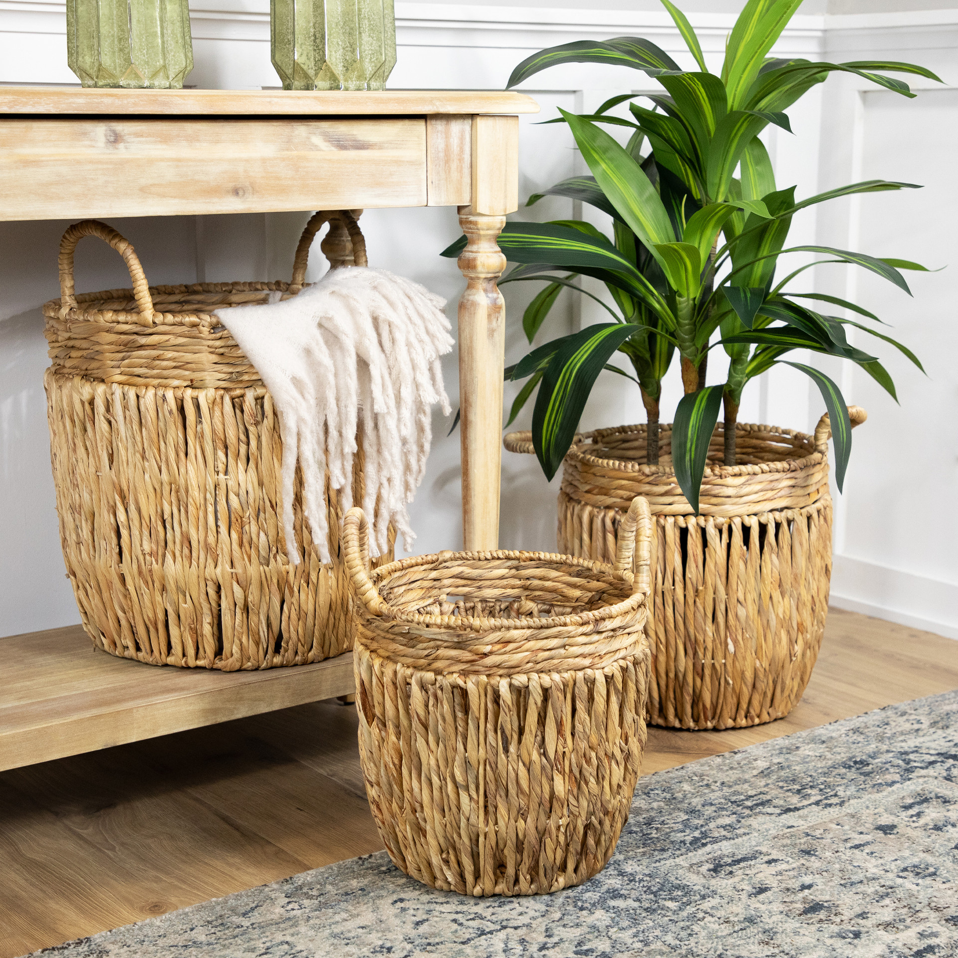 Set of 3 Textured Woven Water Hyacinth Rustic Storage Baskets with ...