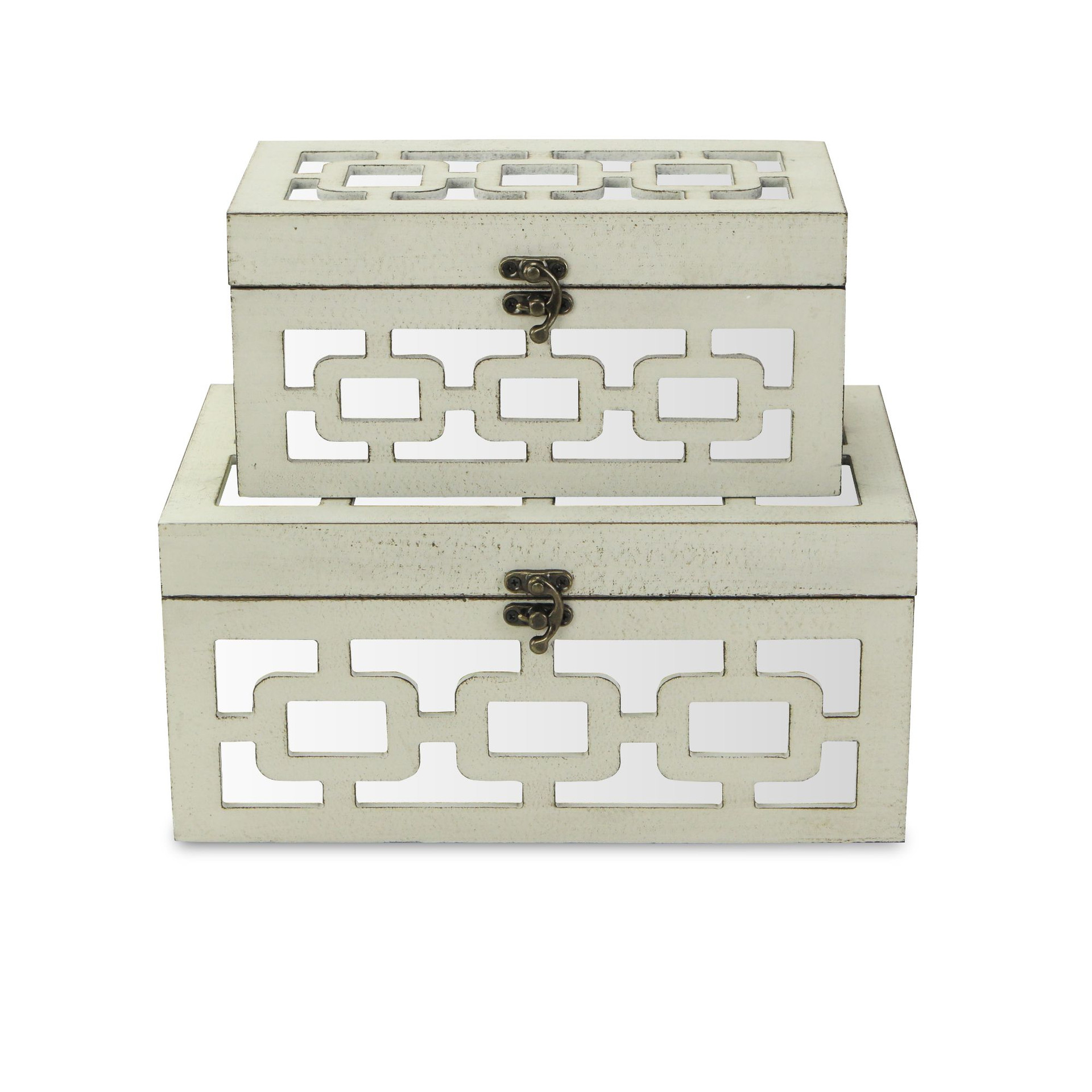 Set of 2 White Lattice Pattern Storage Boxes with Front & Top Mirror 11 ...