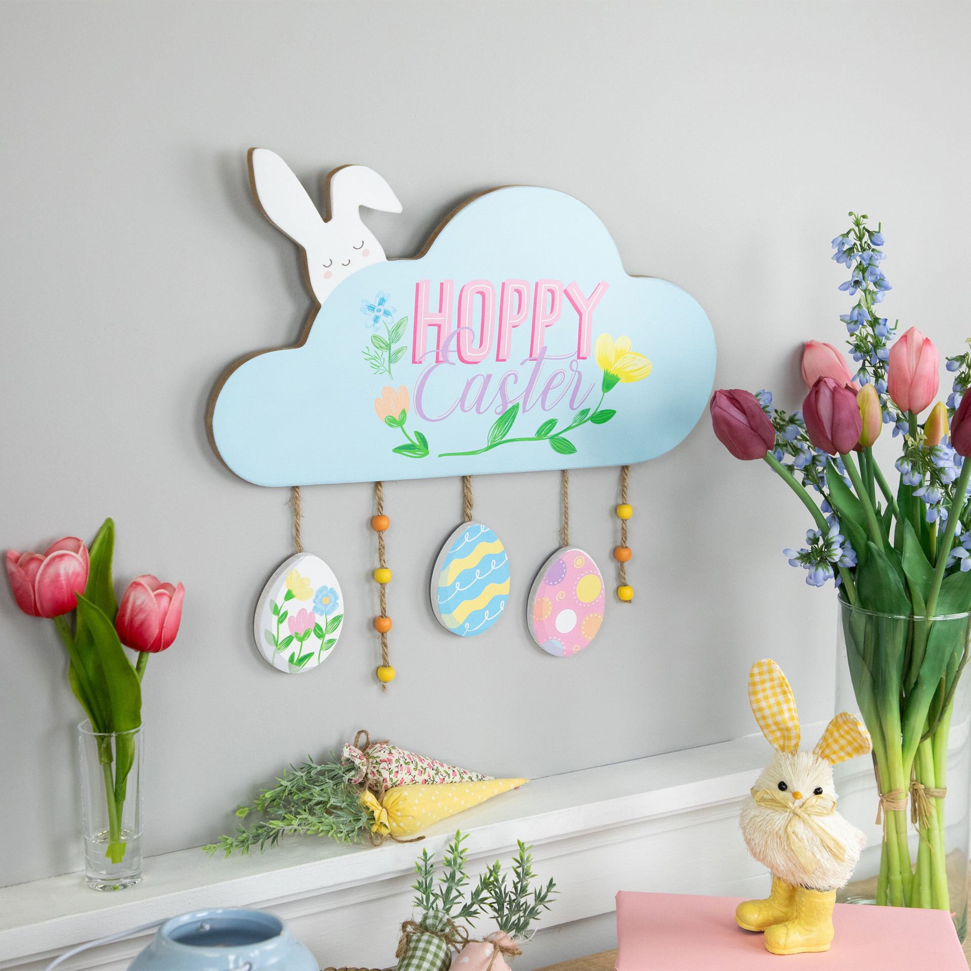 Hoppy Easter Wooden Wall Sign with Bunny & Eggs - 15.75" | Christmas ...