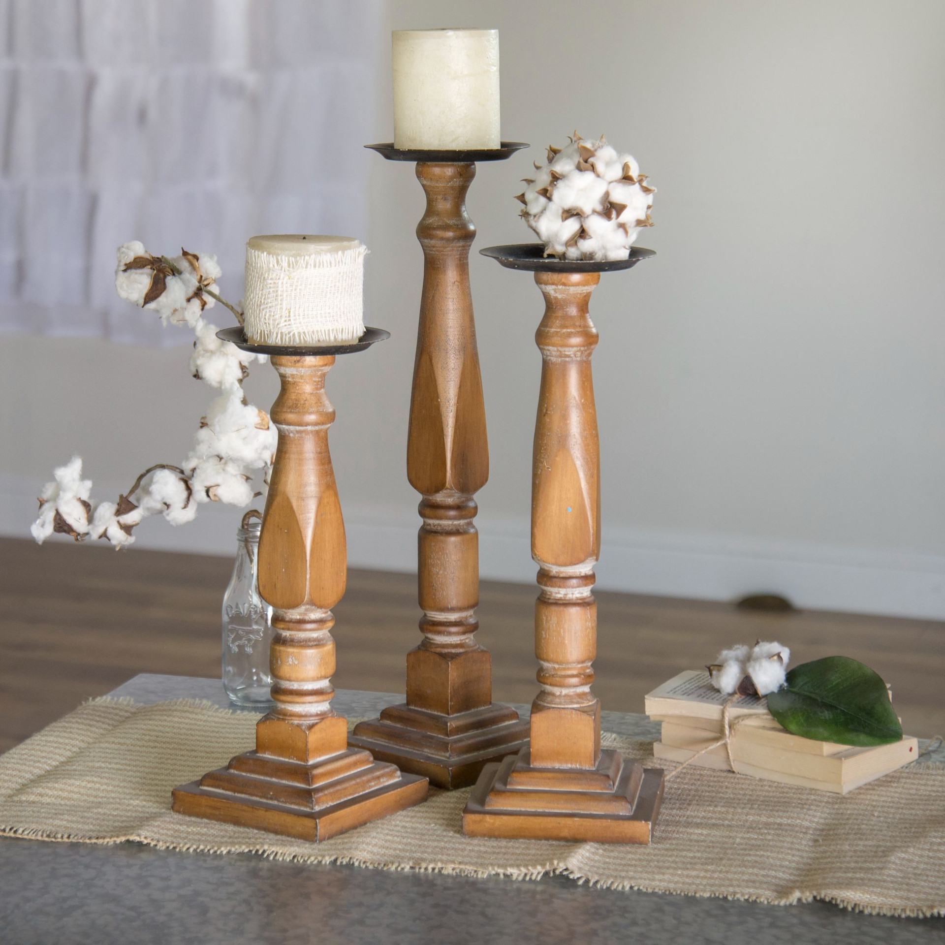 Set of 3 Brown Spindle Wooden Pillar Candle Holders 19.5" | Christmas ...