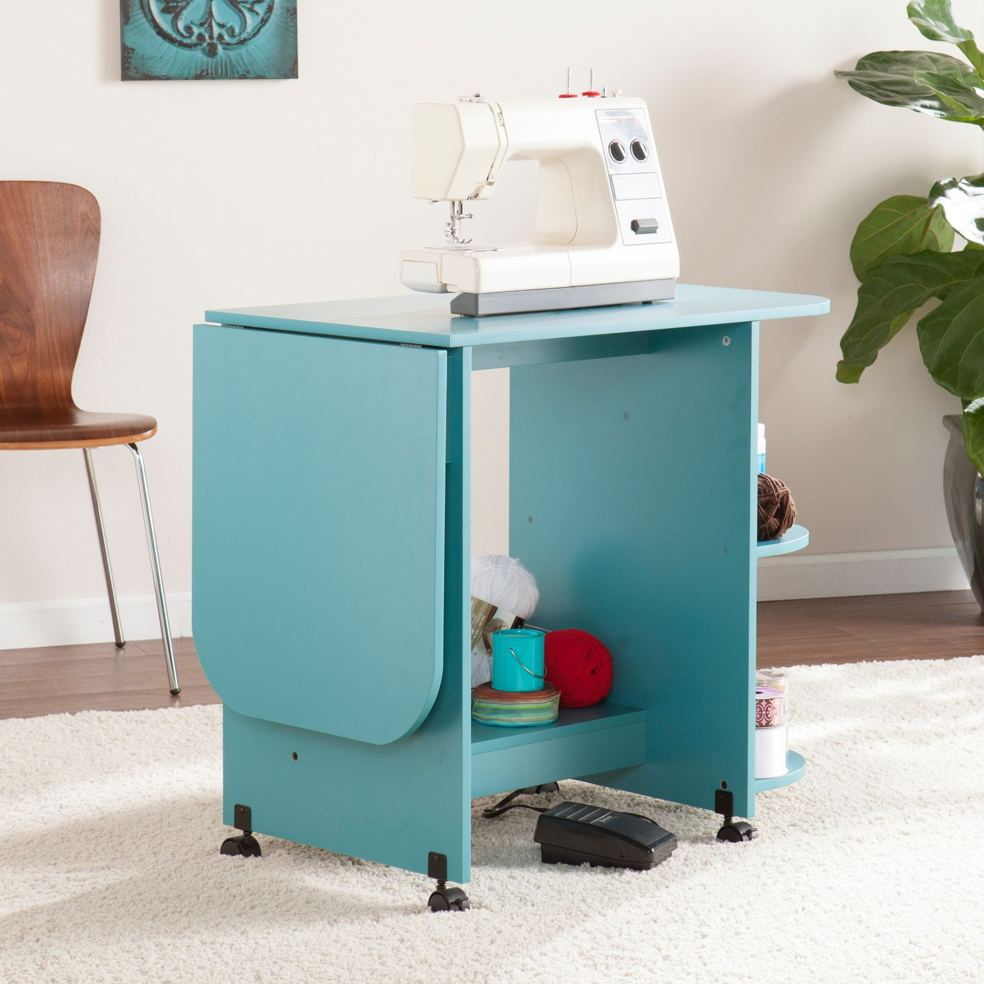 51" Blue Contemporary Expandable Rolling Sewing Table Craft Station ...