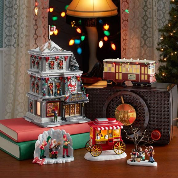 9" Pre-Lit Gray & Red Santa with Elf 'Department Store' Christmas ...