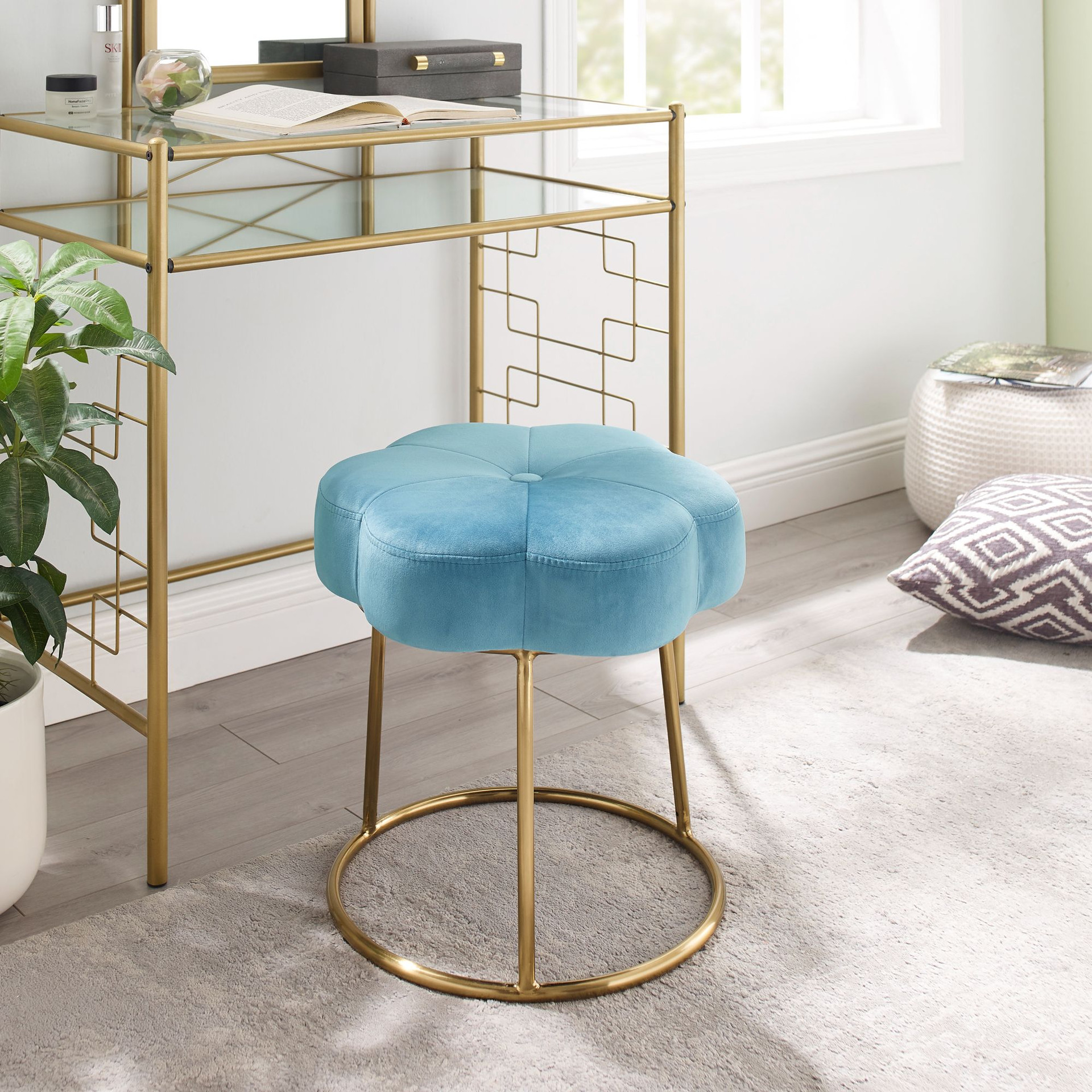 Floral Accent Vanity Stool - 17.75" - Blue & Gold | Christmas Central