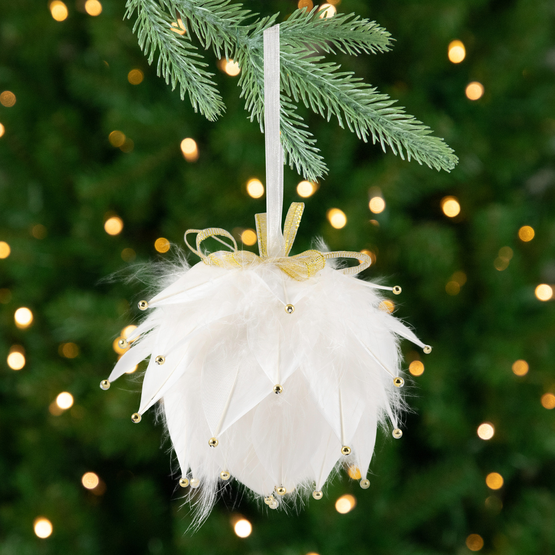 Feathers with Bead Accents Christmas Ball Ornament - 5" - White ...