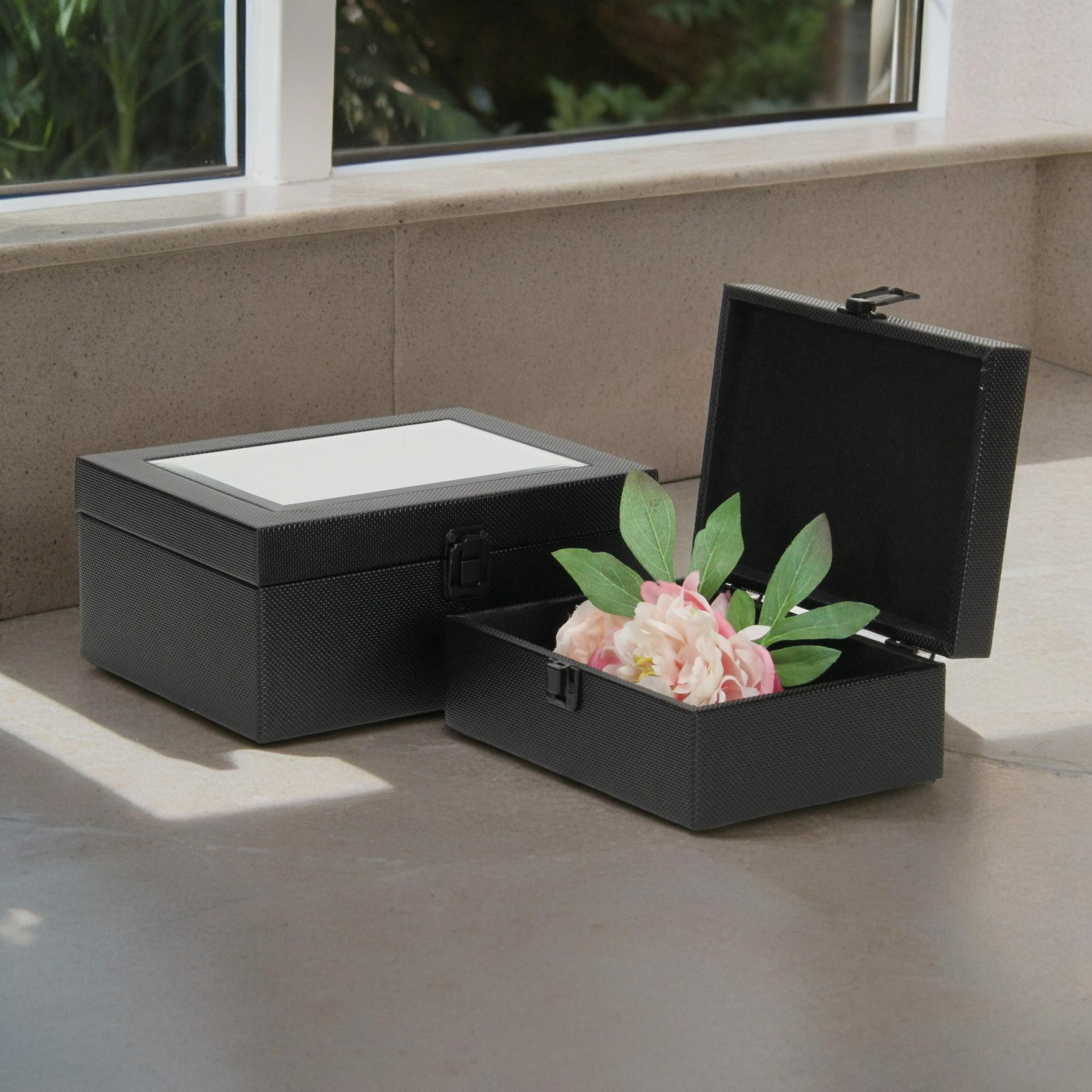 Woven Pattern Mirrored Storage Box Set - 10.25" - Black - Set of 2 ...
