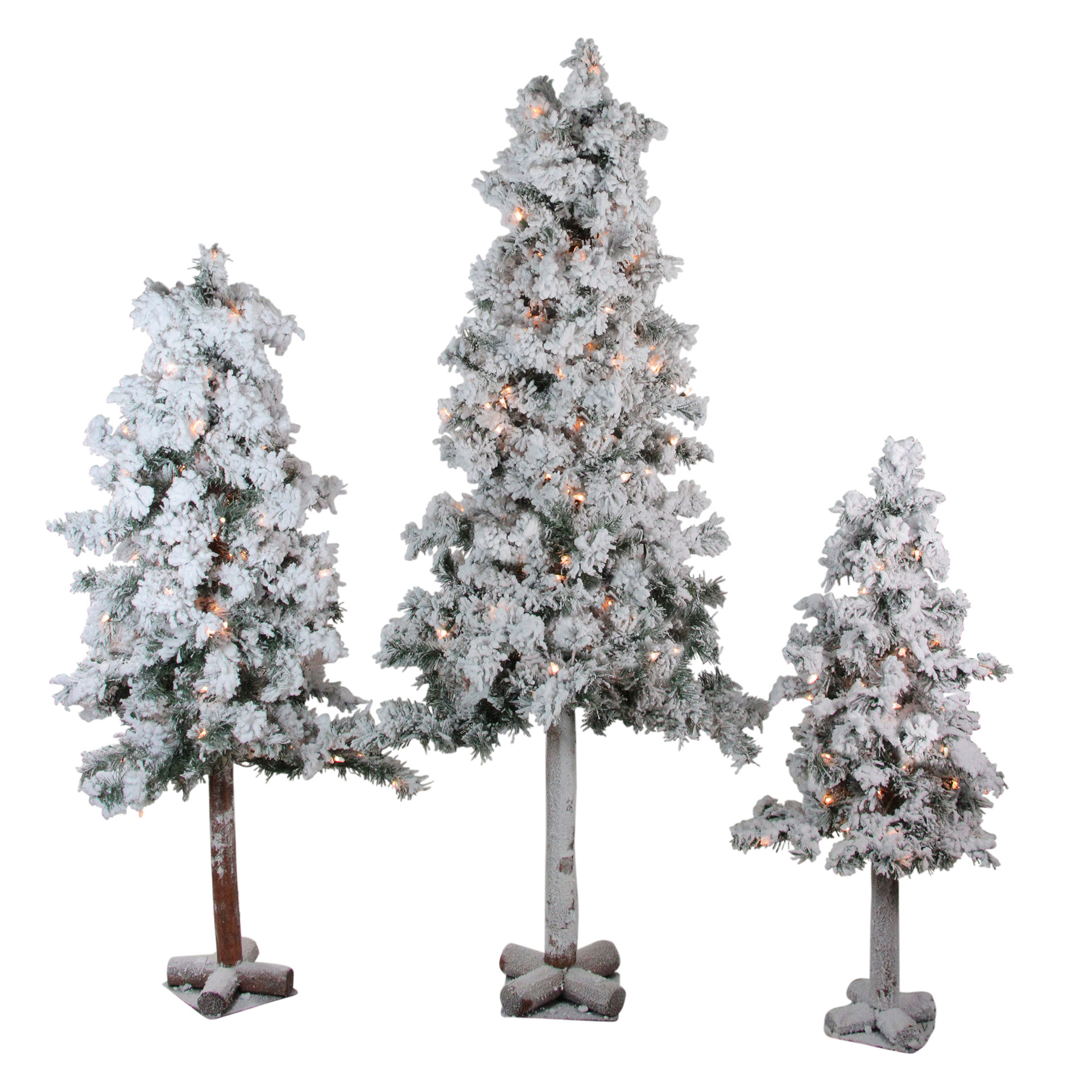 Set of 3 Pre-Lit Heavily Flocked Alpine Artificial Christmas Trees 5 ...