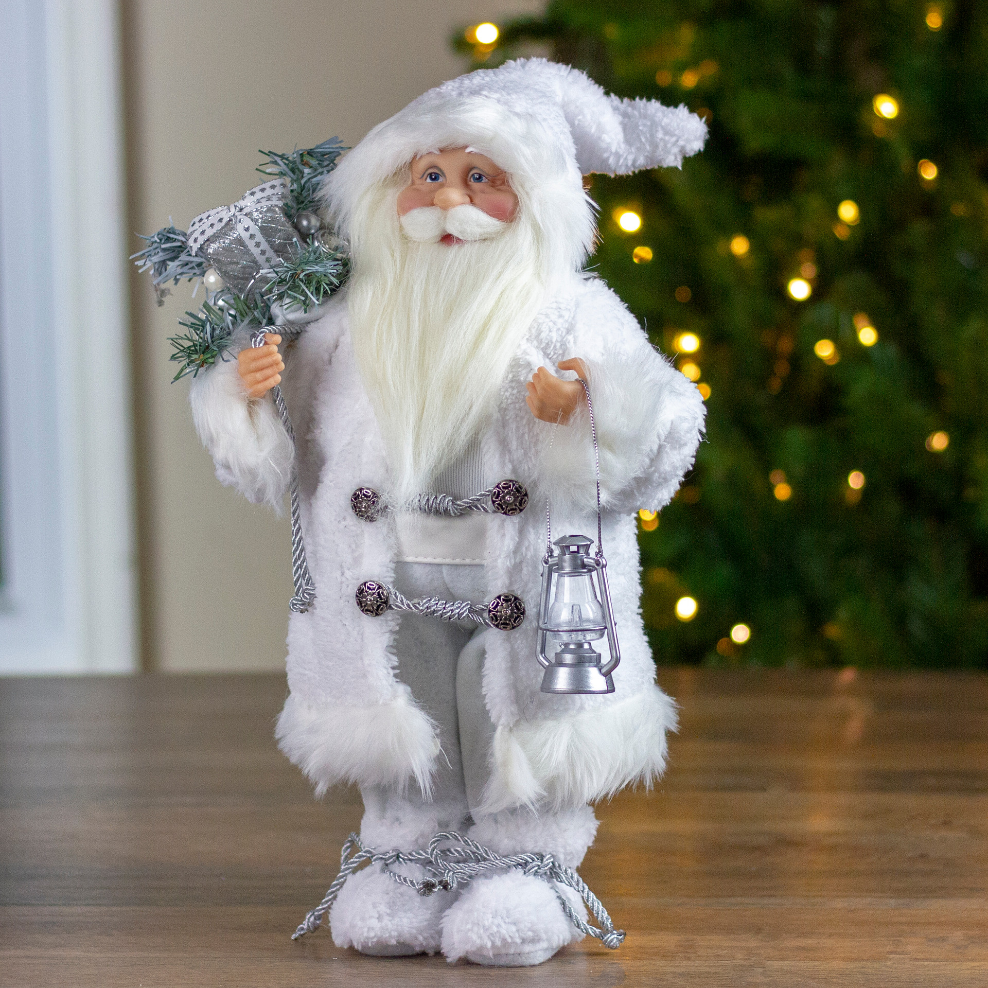 16" White Frost Standing Santa Claus Christmas Figurine with Lantern ...