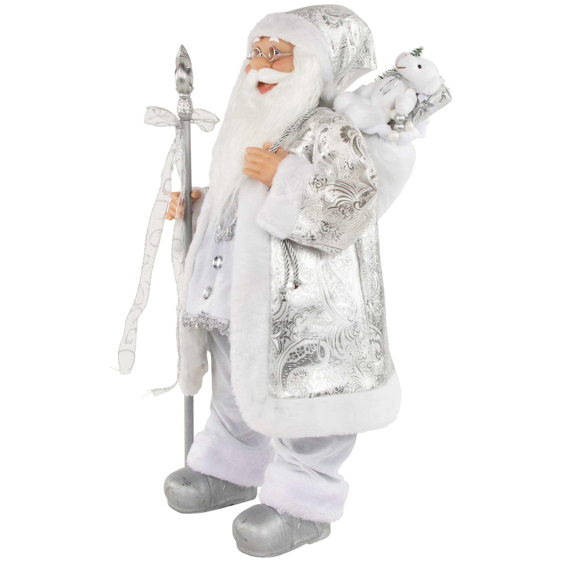 24" Silver & White Santa Claus with Staff & Gift Bag Christmas Figure ...