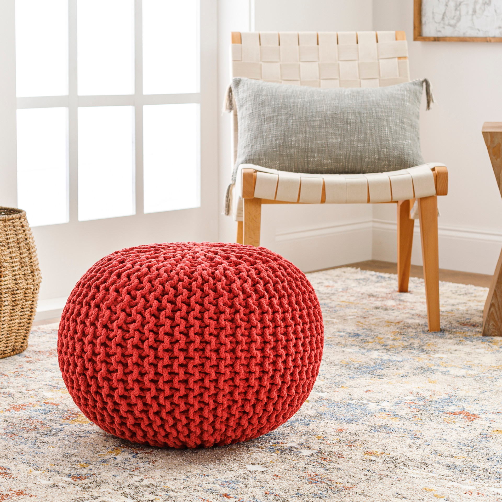20" x 14" Hermosa Scarlet Red Hand Crafted Cotton Round Pouf Ottoman ...