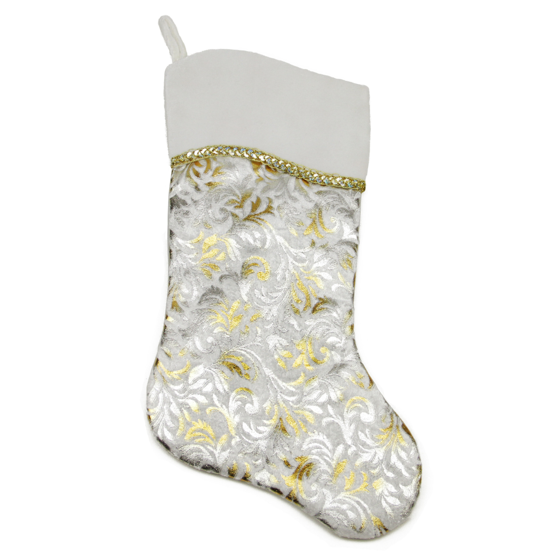 20.5" Metallic Silver & Gold Flourish Christmas Stocking with Curved ...