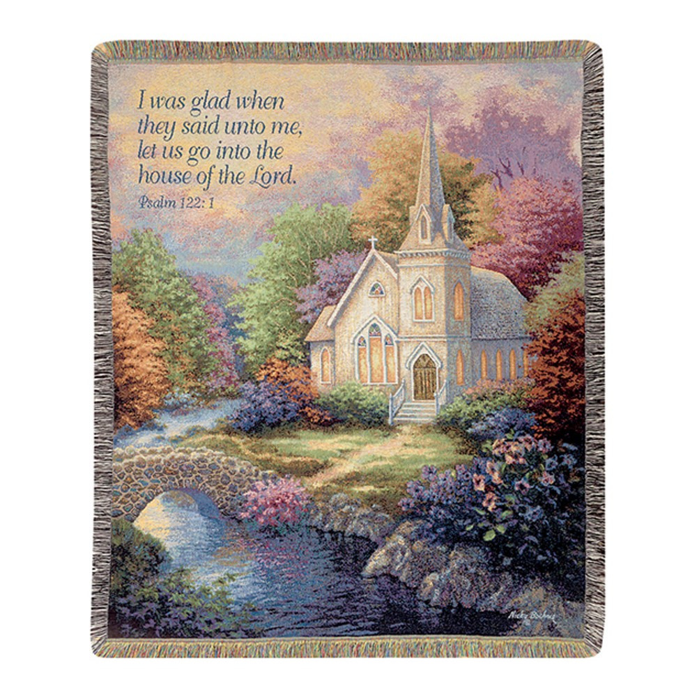 Green & White Church in the Country Religious Verse Psalm Tapestry ...