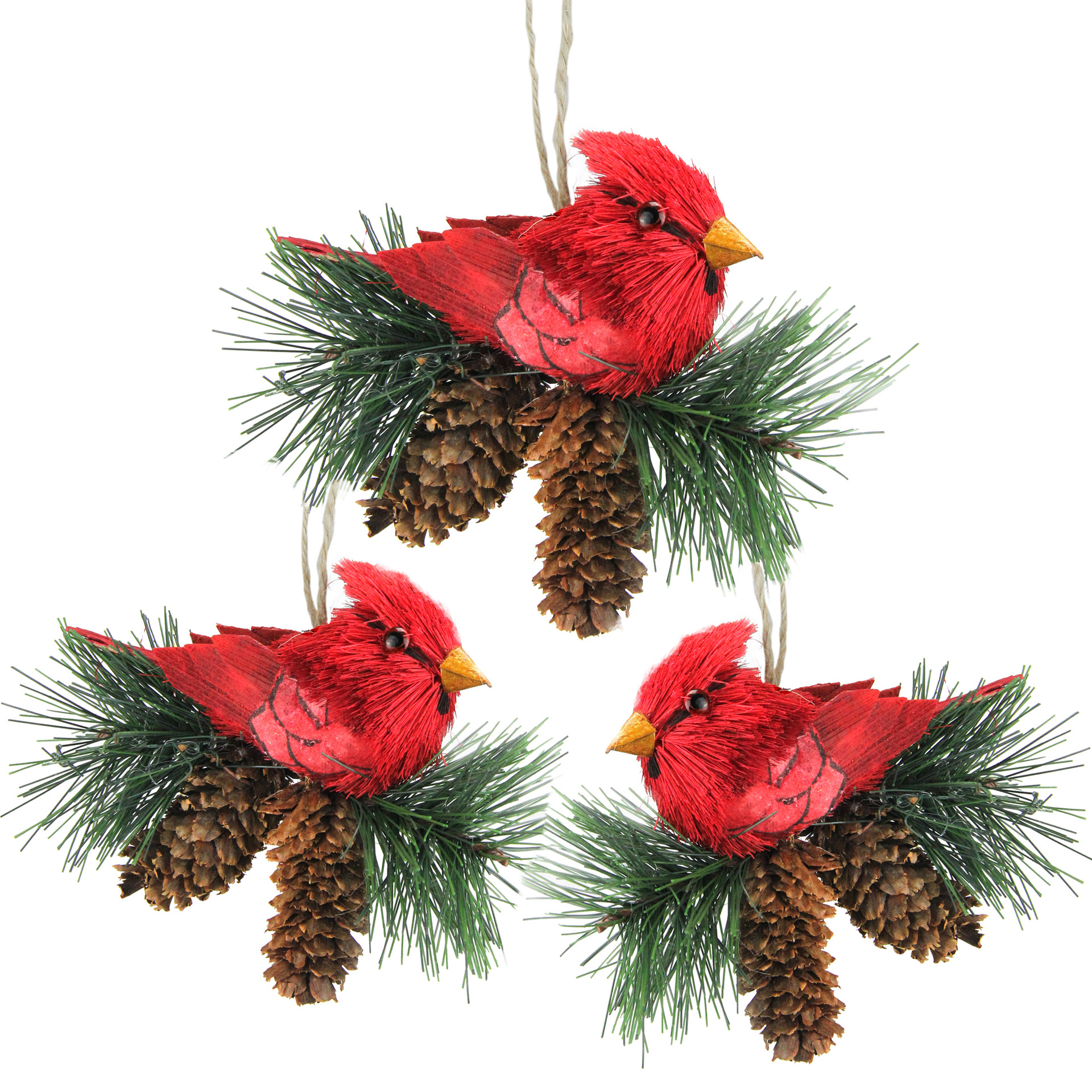 Set of 3 Red Cardinal Birds on Pine Cone Nest Christmas Ornaments 5 ...