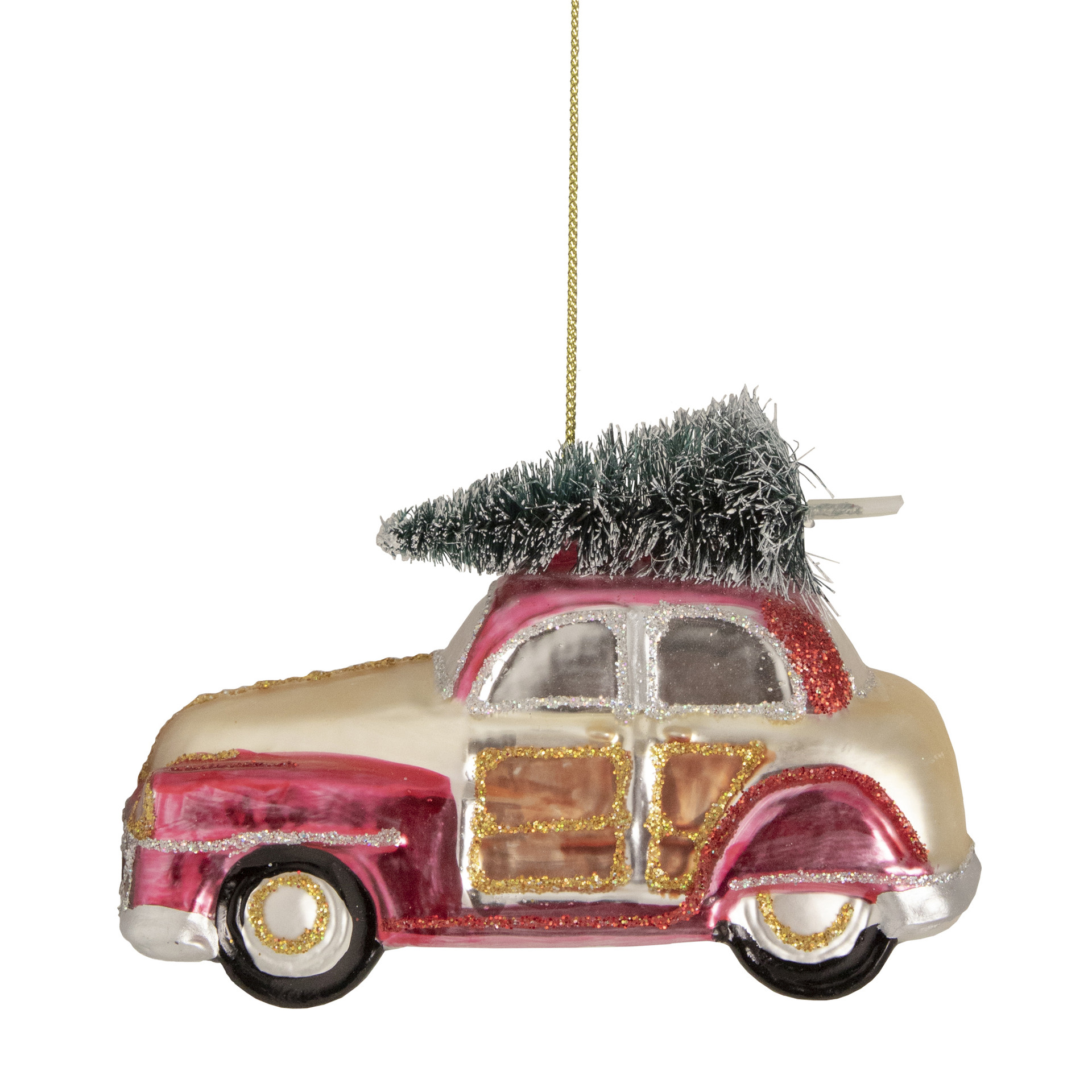 5" Red & Gold Glitter Car with Christmas Tree Glass Ornament ...