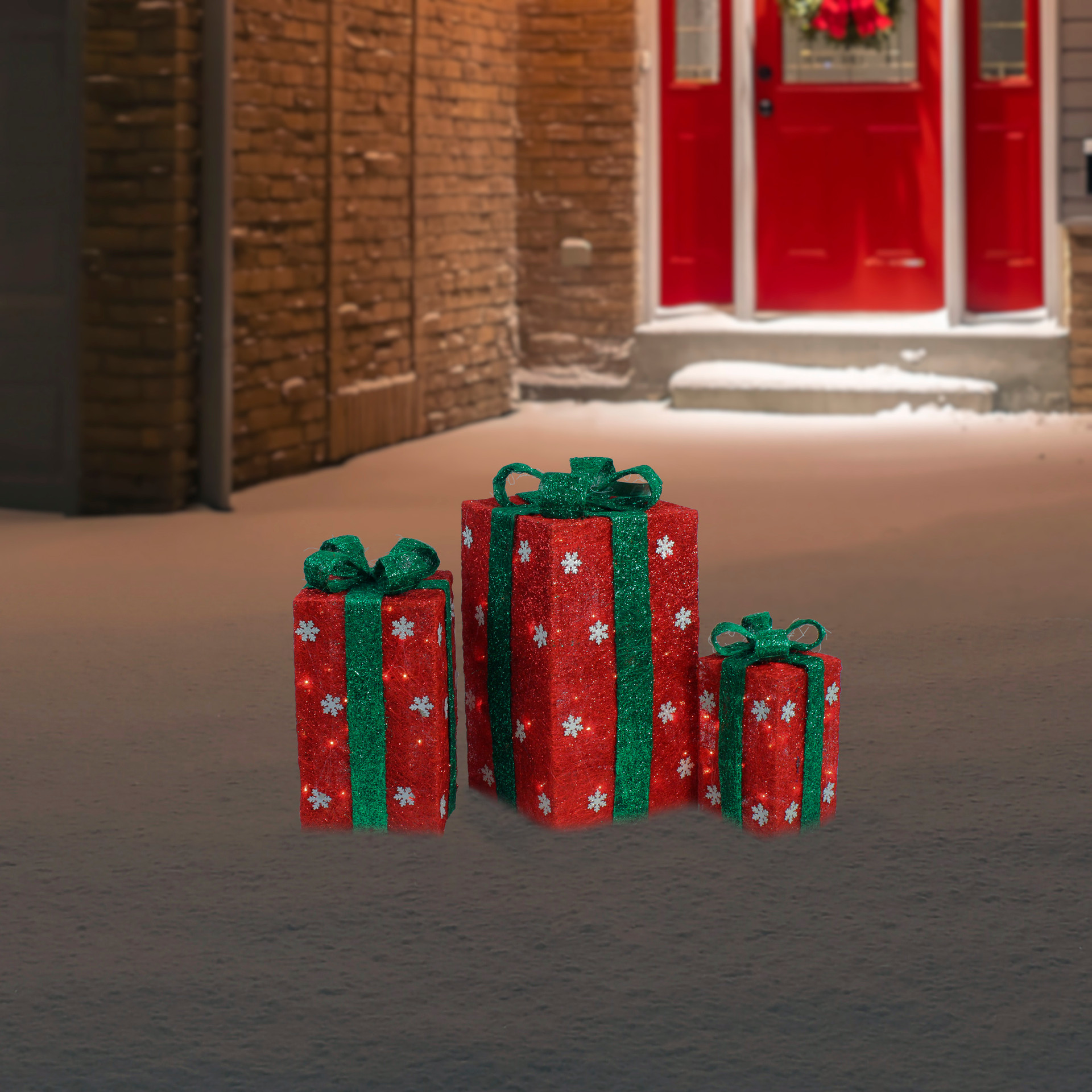 Set of 3 Lighted Tall Red Gift Boxes with Green Bows Christmas Outdoor ...