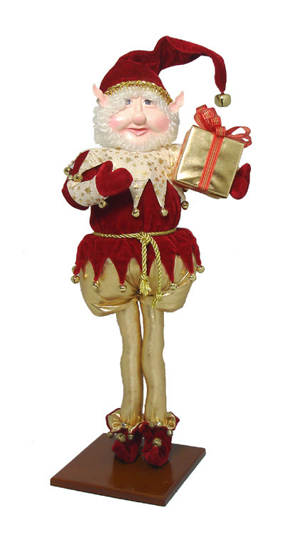 25" Red Christmas Elf Holding Present on Display Stand | Christmas Central