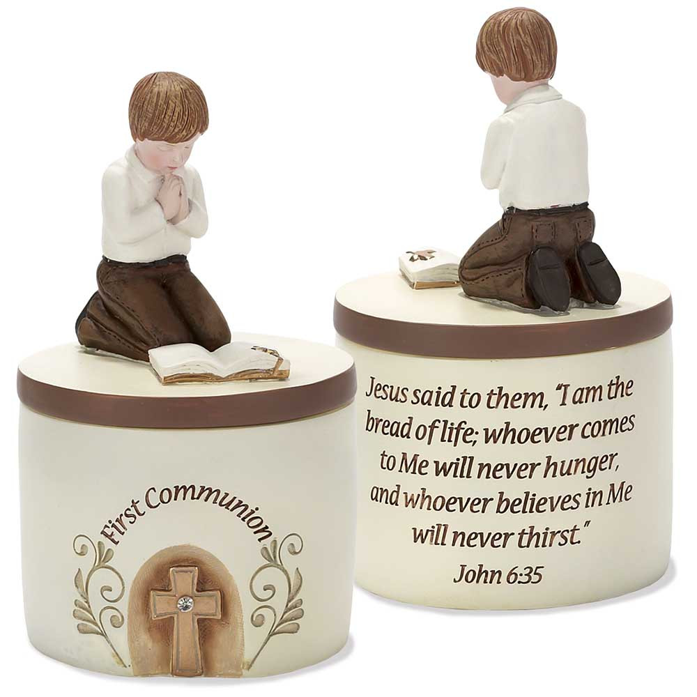 5.25" Beige & Brown Cylindrical Boys First Holy Communion Keepsake Box ...