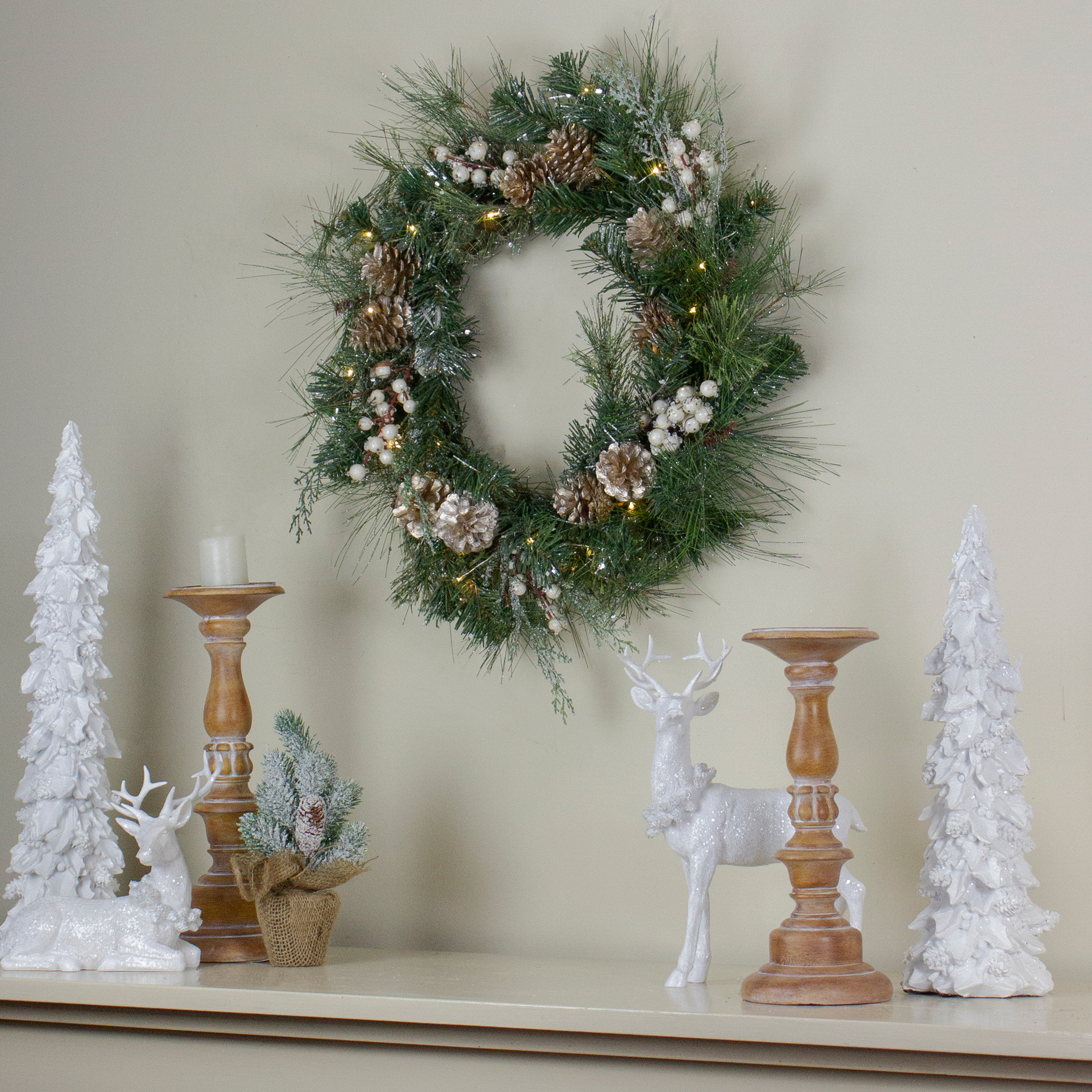 Pre-Lit Champagne Gold Pine Cone & Berry Mixed Pine Wreath - 22-Inch ...