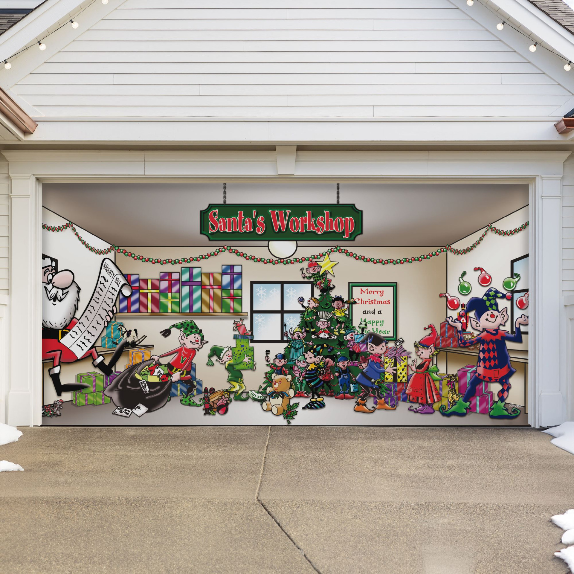 7' x 16' Red & Green "Santa's Workshop" Outdoor Double Car Garage Door ...
