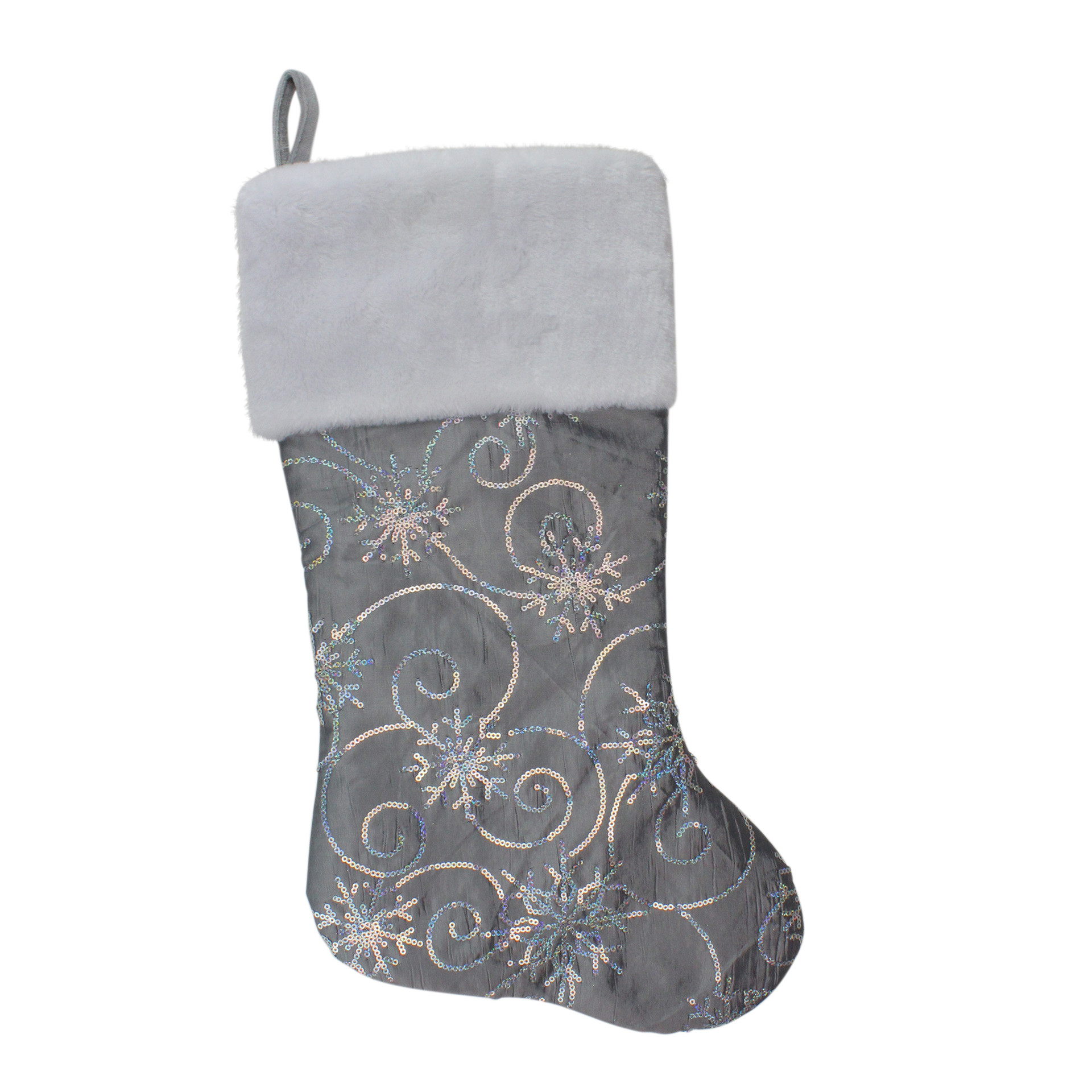 22" Silver Metallic Sequined Christmas Stocking with Faux Fur Cuff ...