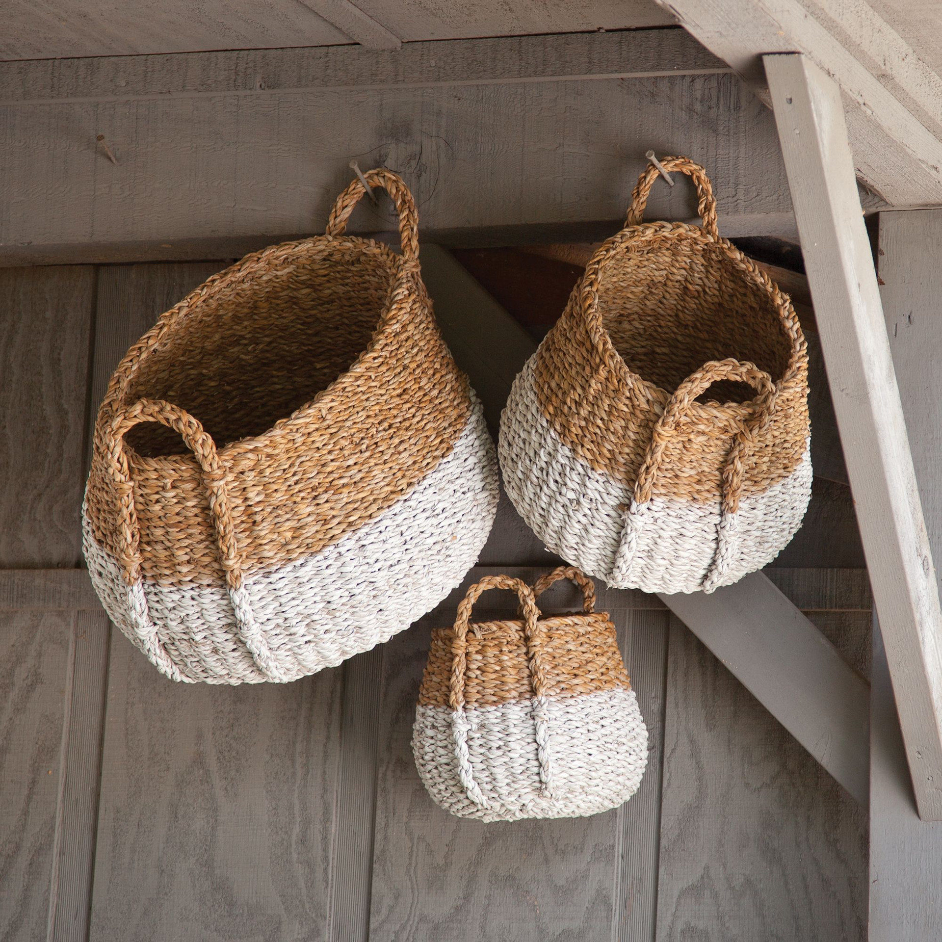Set of 3 Natural Two-Toned Handle Baskets 16.5” | Christmas Central