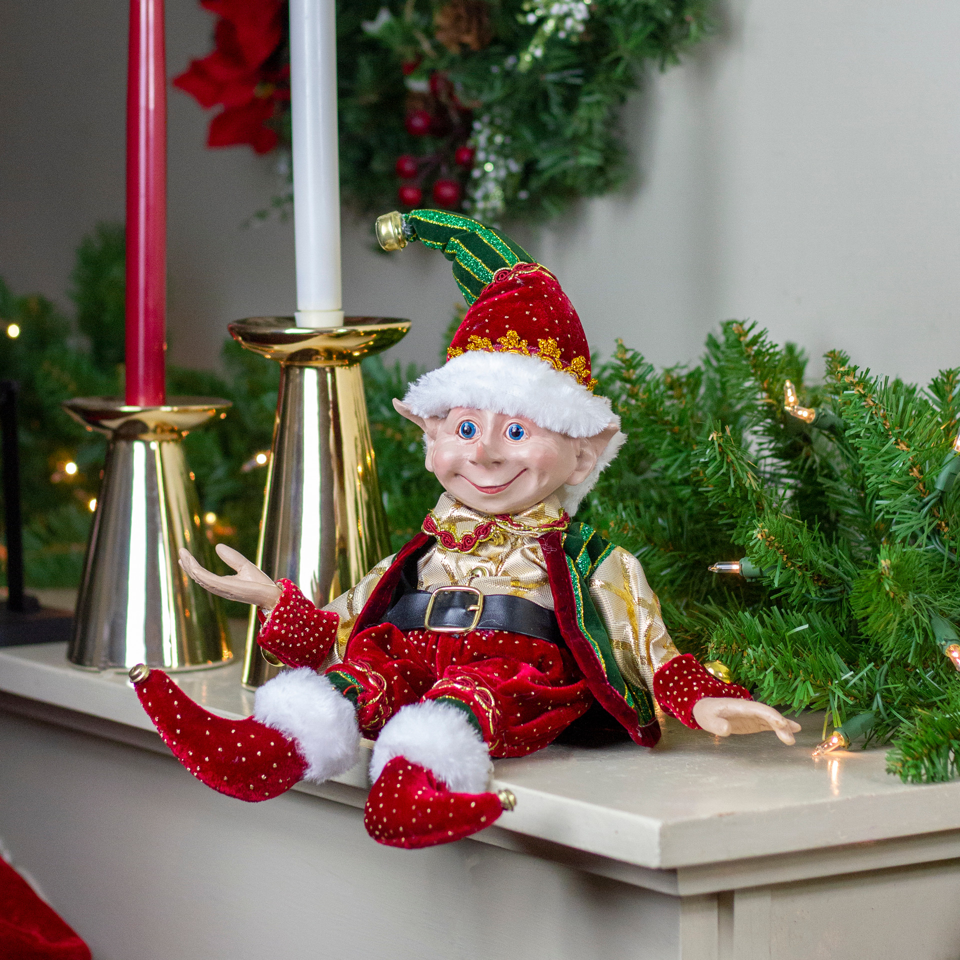 13" Burgundy & Gold Festive Chubby Christmas Elf With Bells | Christmas ...