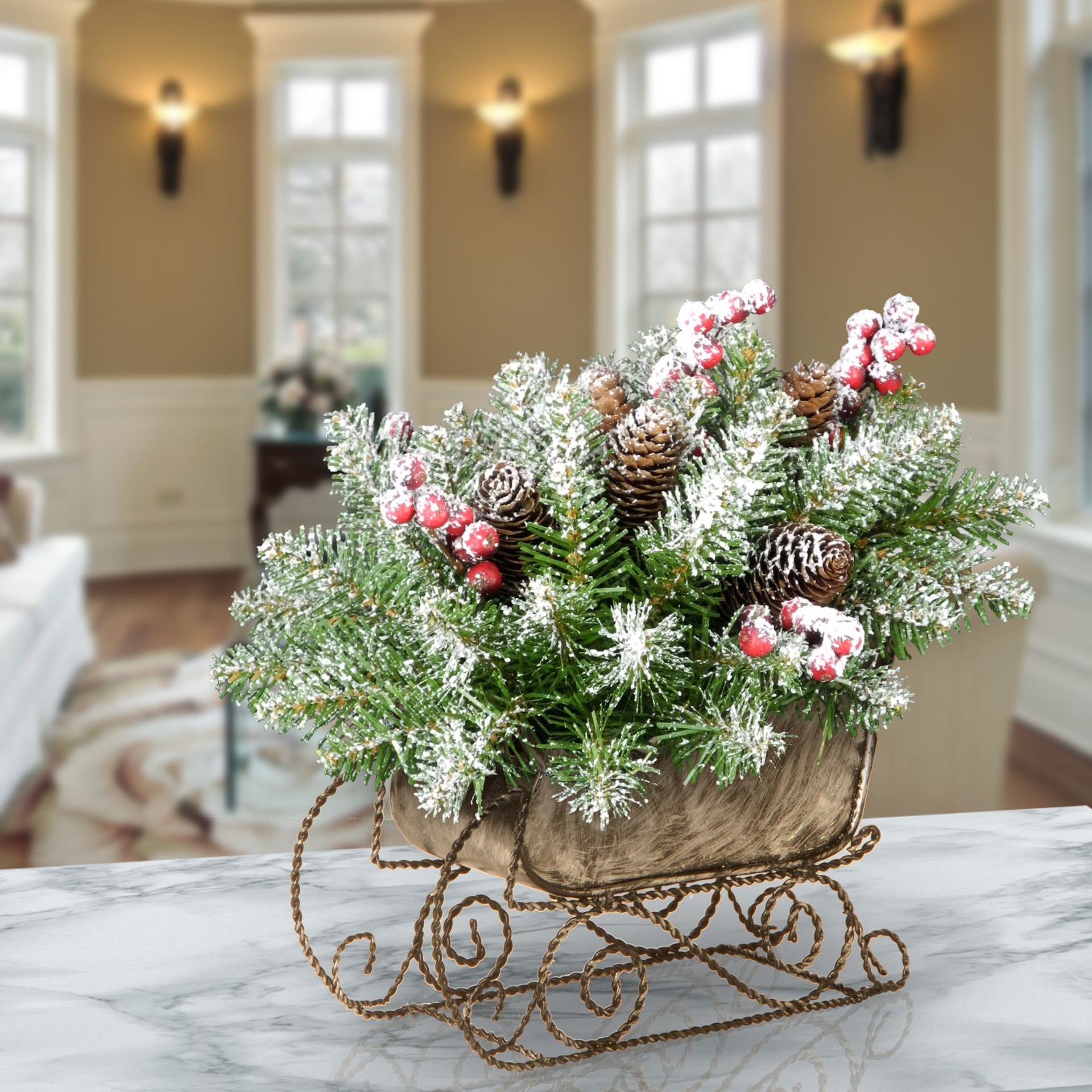 10" Battery Operated Snowy Fir Sleigh Christmas Tabletop Decoration ...