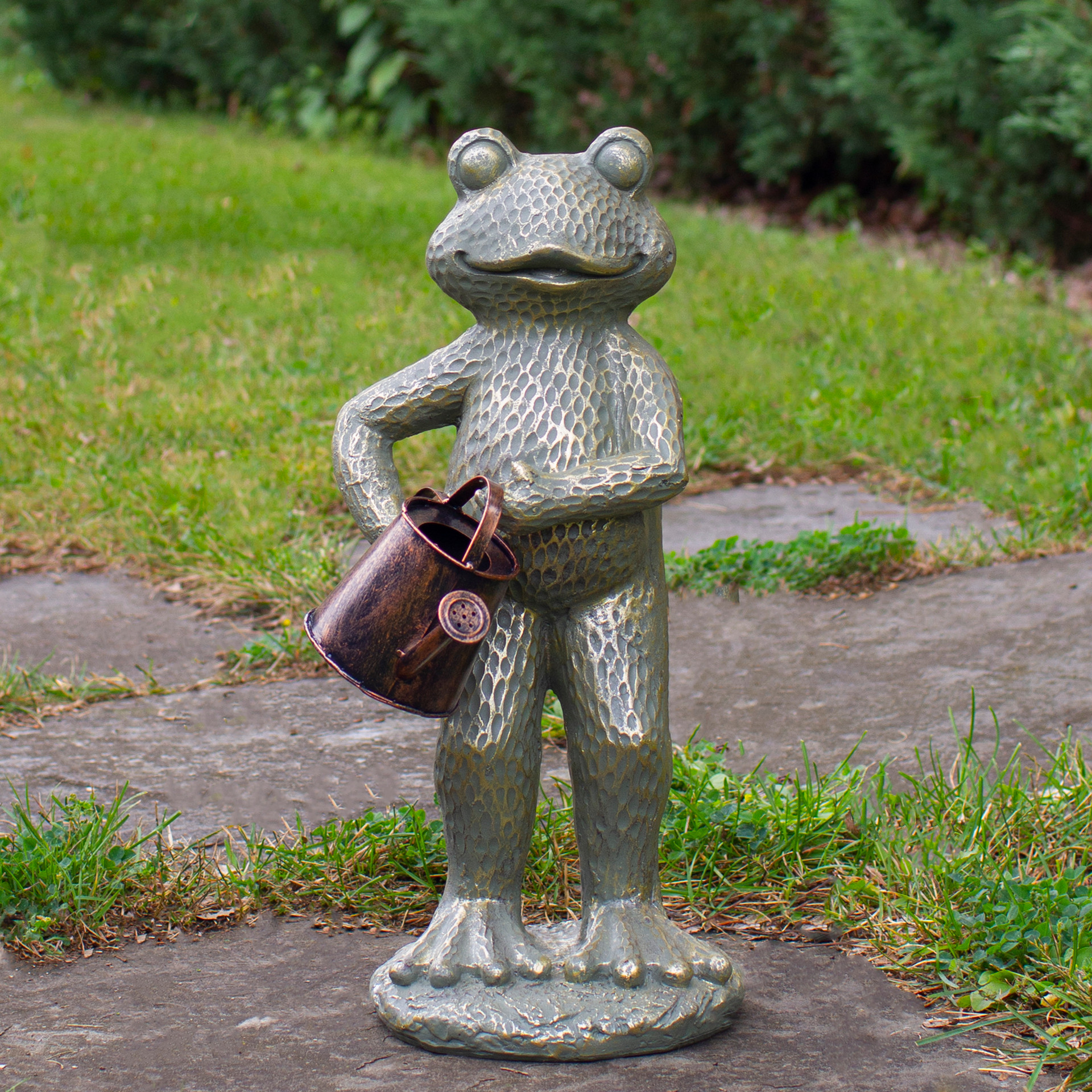 17" Gold Verdigris Frog with Watering Can Outdoor Garden Statue ...