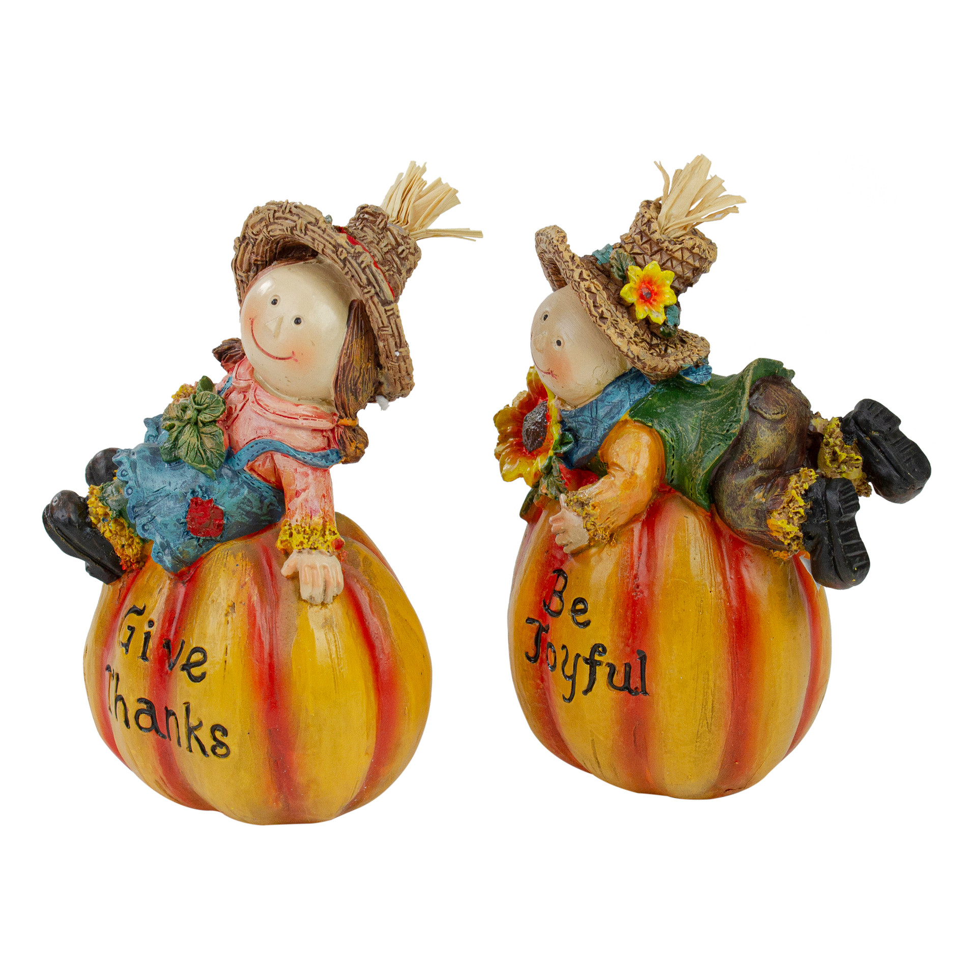 Set of 2 Girl & Boy Scarecrows on Pumpkins Fall Figurines 6 ...